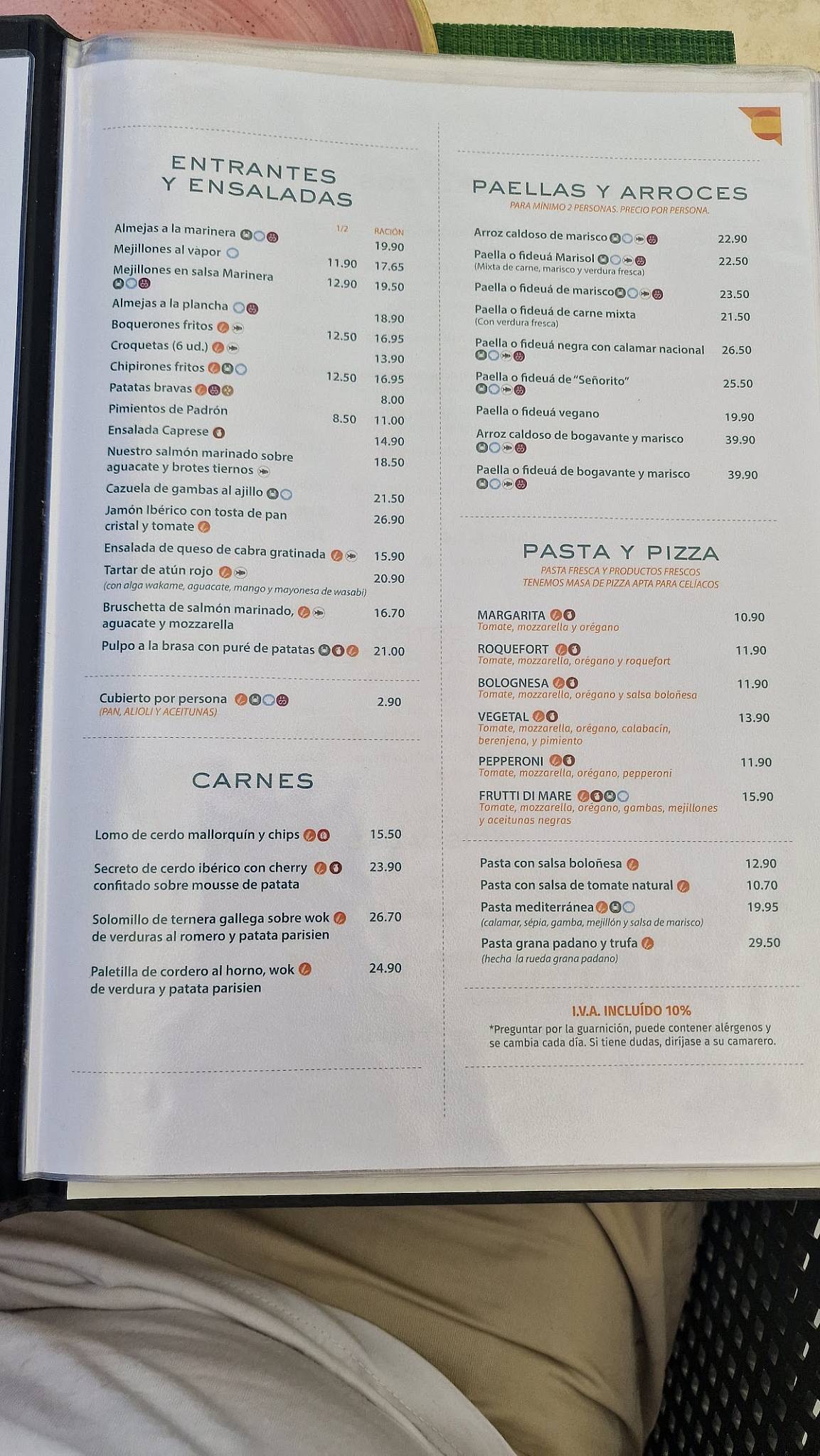 Carta de Restaurante Marisol, Colònia de Sant Jordi, Calle Gabriel Roca