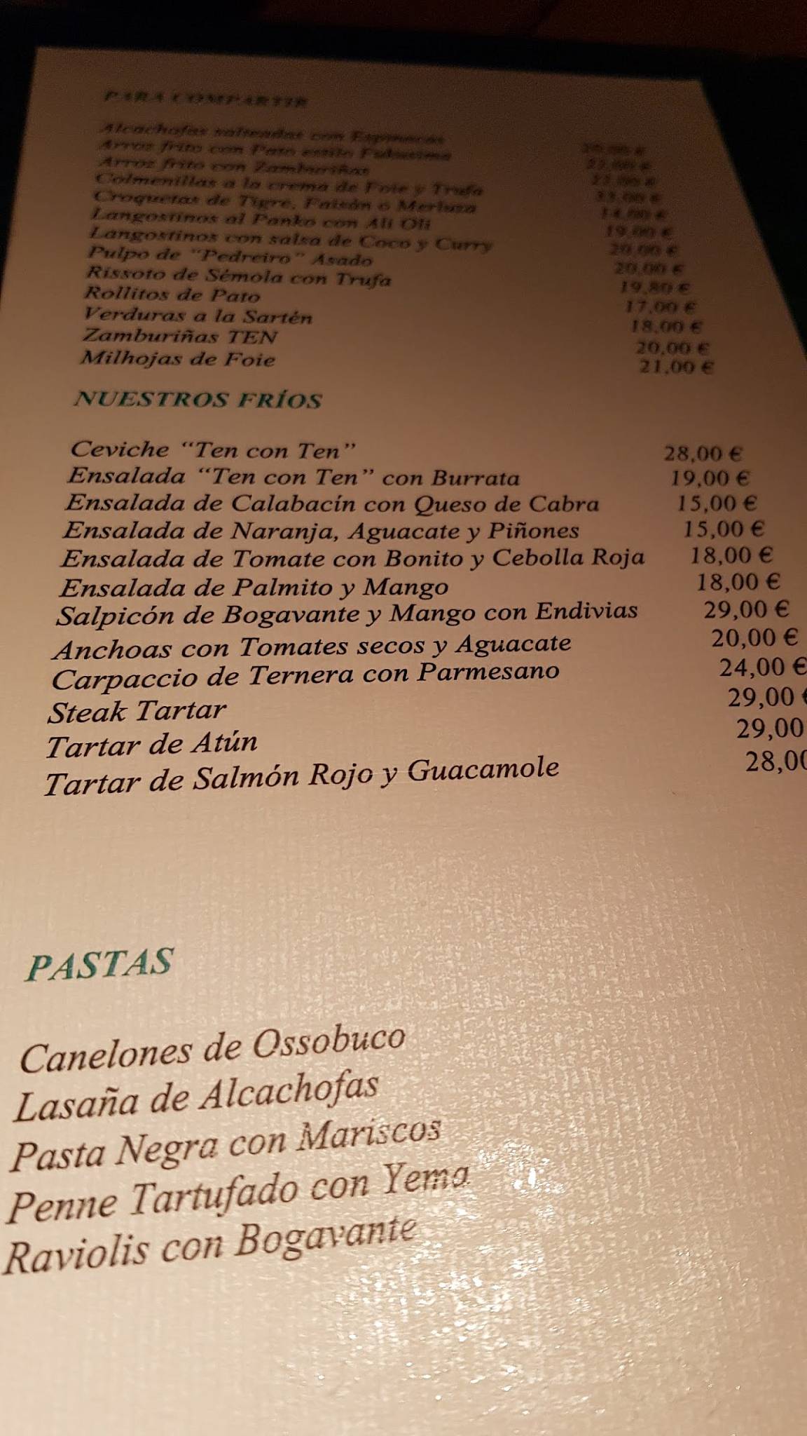 Carta de Restaurante Ten Con Ten, Madrid, Cl. de Ayala