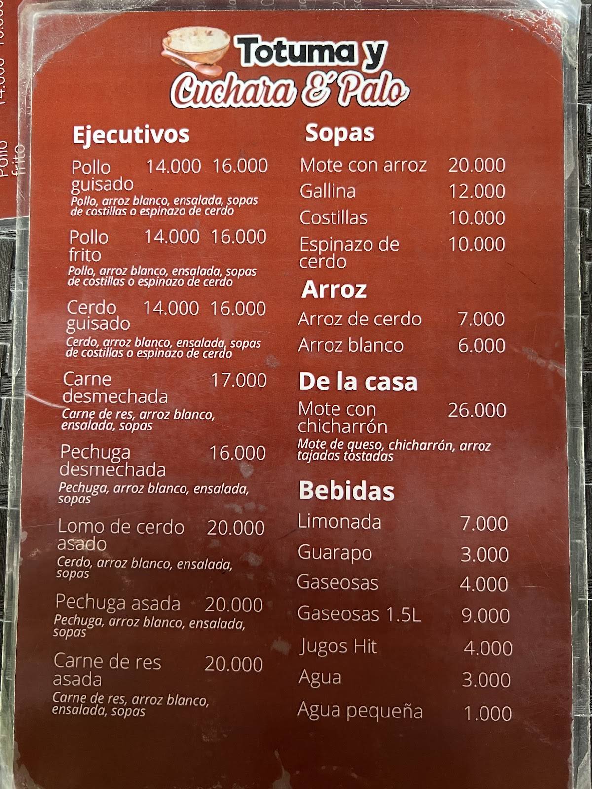 Carta de Restaurante Totuma y Cuchara E' Palo, Sincelejo