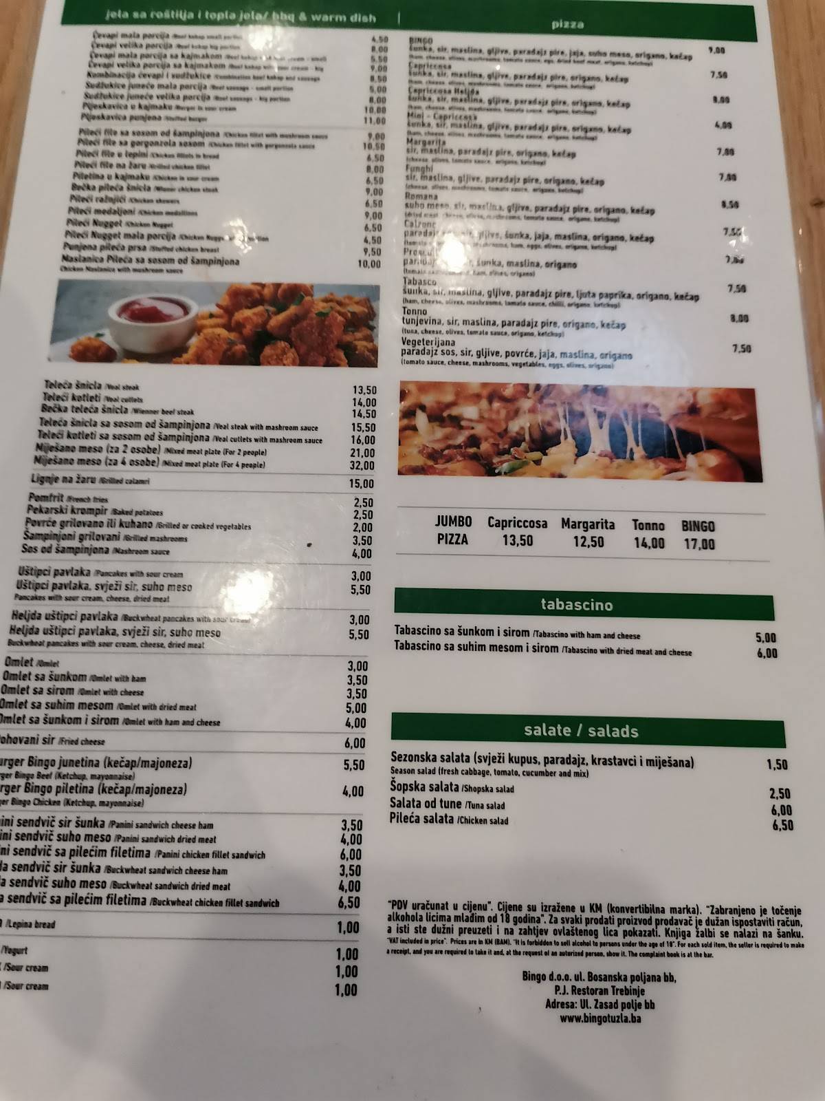 Menu at Restoran Bingo restaurant, Trebinje