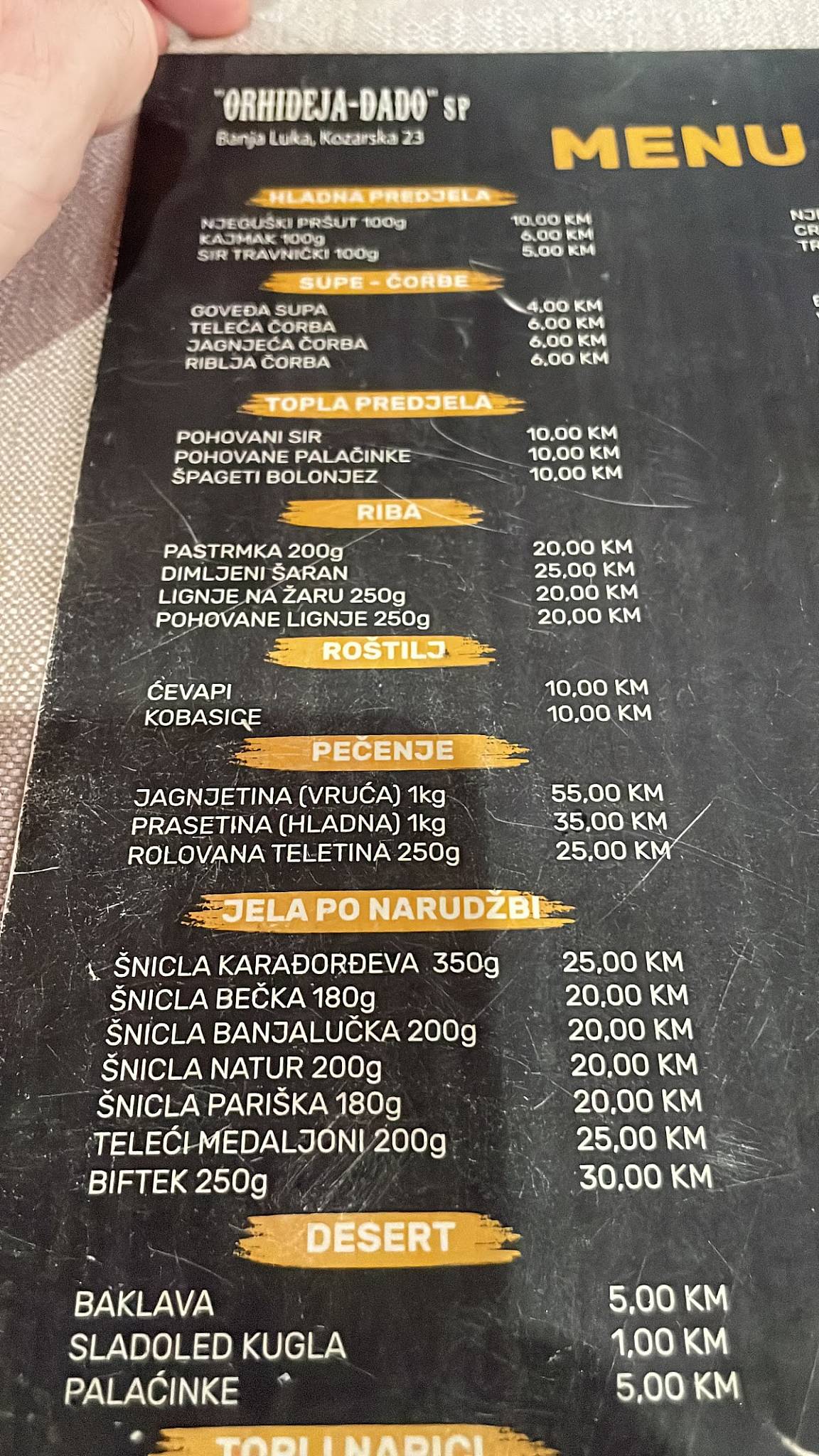 Menu at Restoran Orhideja restaurant, Banja Luka