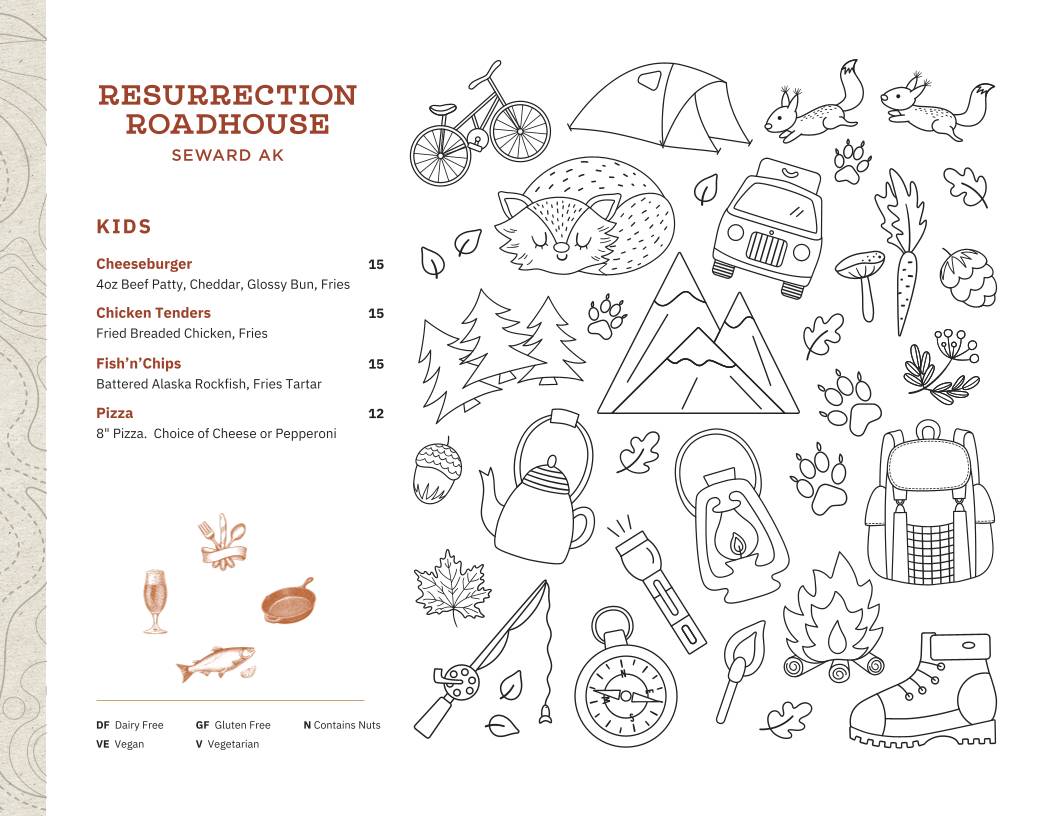 Menu at Resurrection Roadhouse restaurant, Seward, Herman Leirer Rd