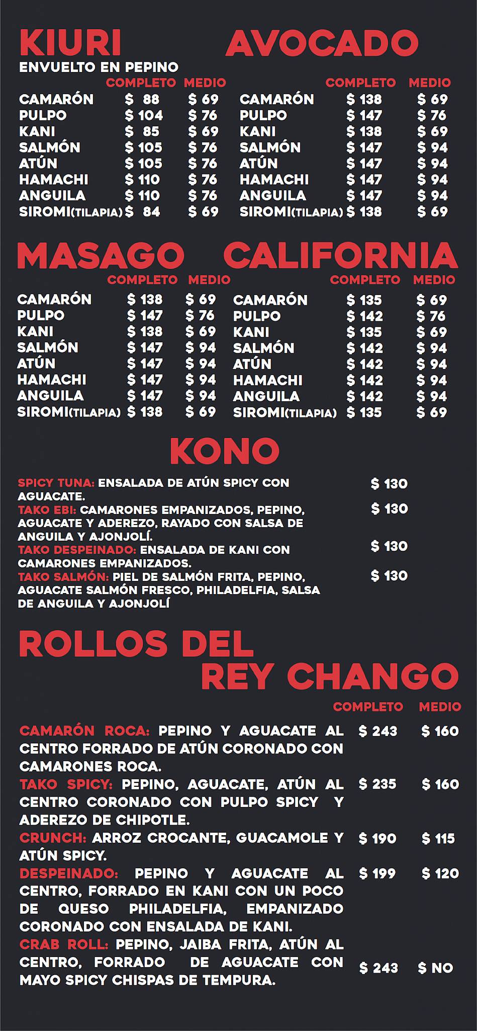 Carta del restaurante Rey Chango, Guadalajara