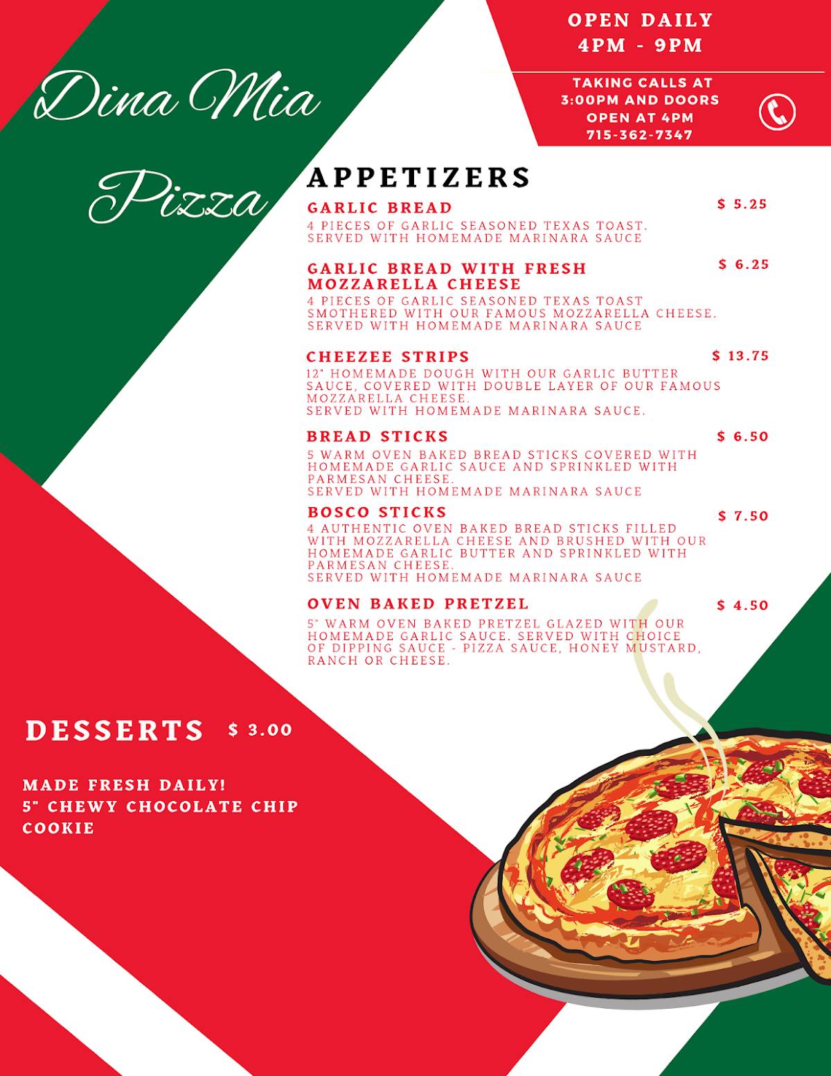 Menu at Rhinelander Dina Mia Pizza pizzeria, Rhinelander