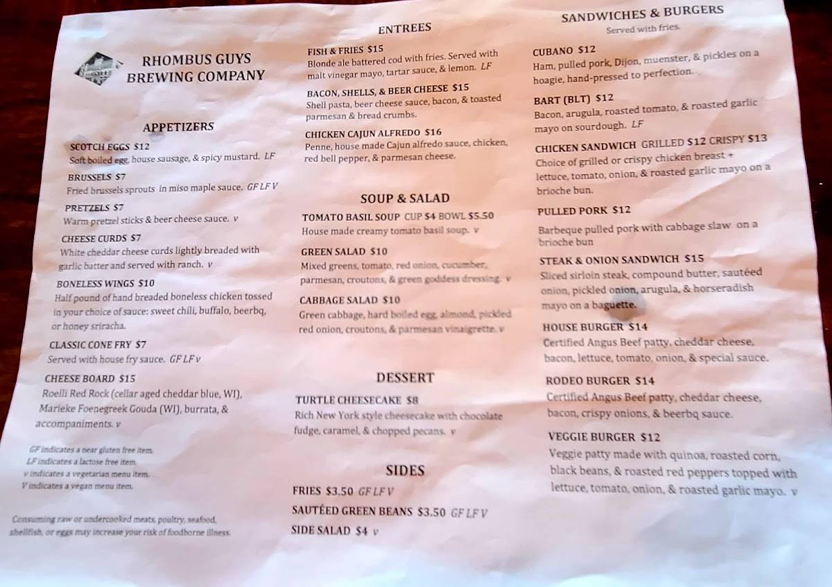 Menu at Rhombus Guys pizzeria, Grand Forks, 312 Kittson Ave