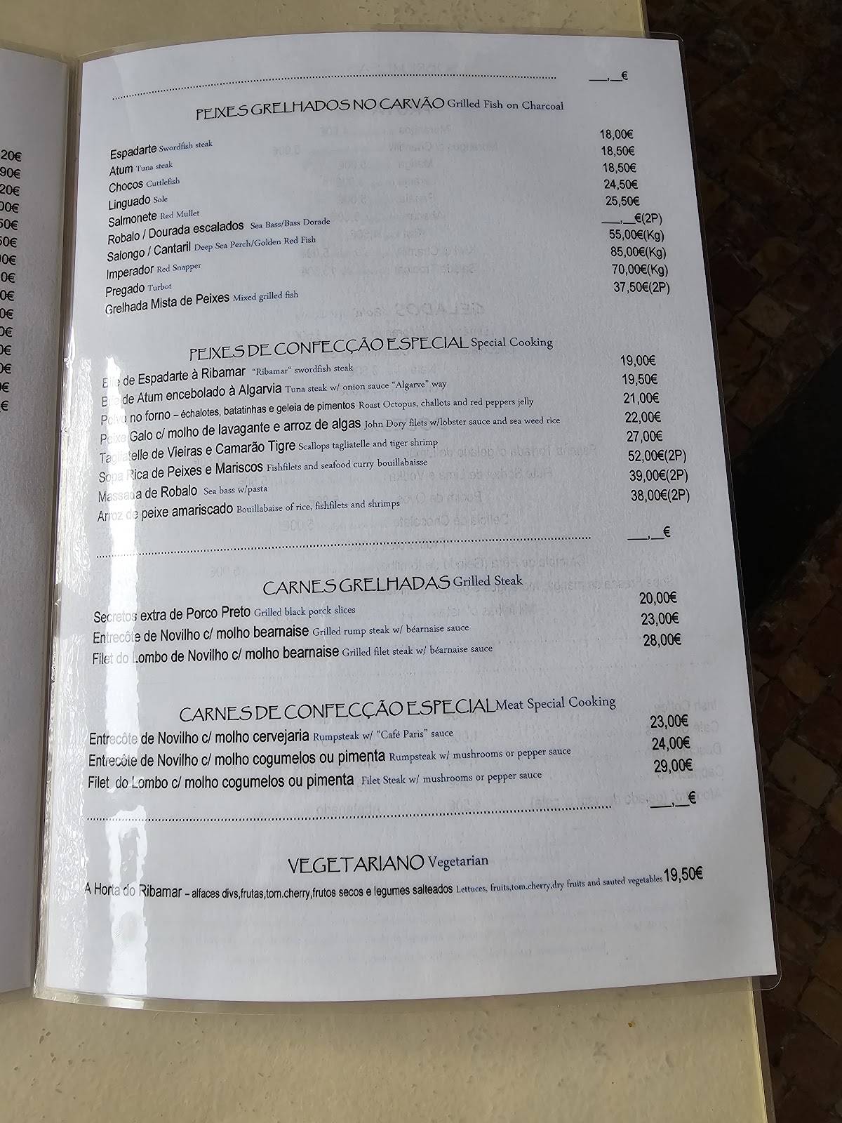 Menu em Ribamar Sesimbra restaurante, Sesimbra