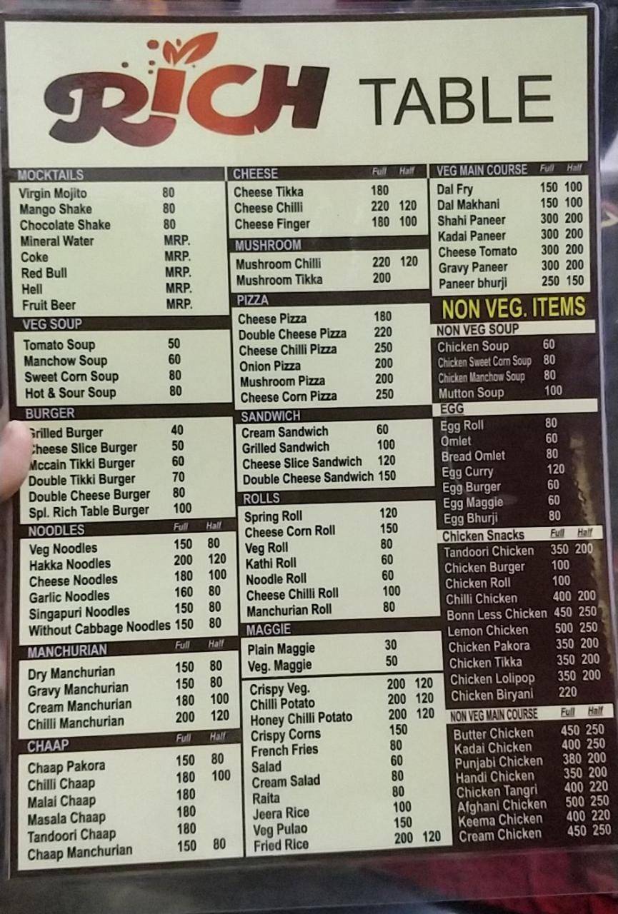 Menu at Rich Table, Ludhiana