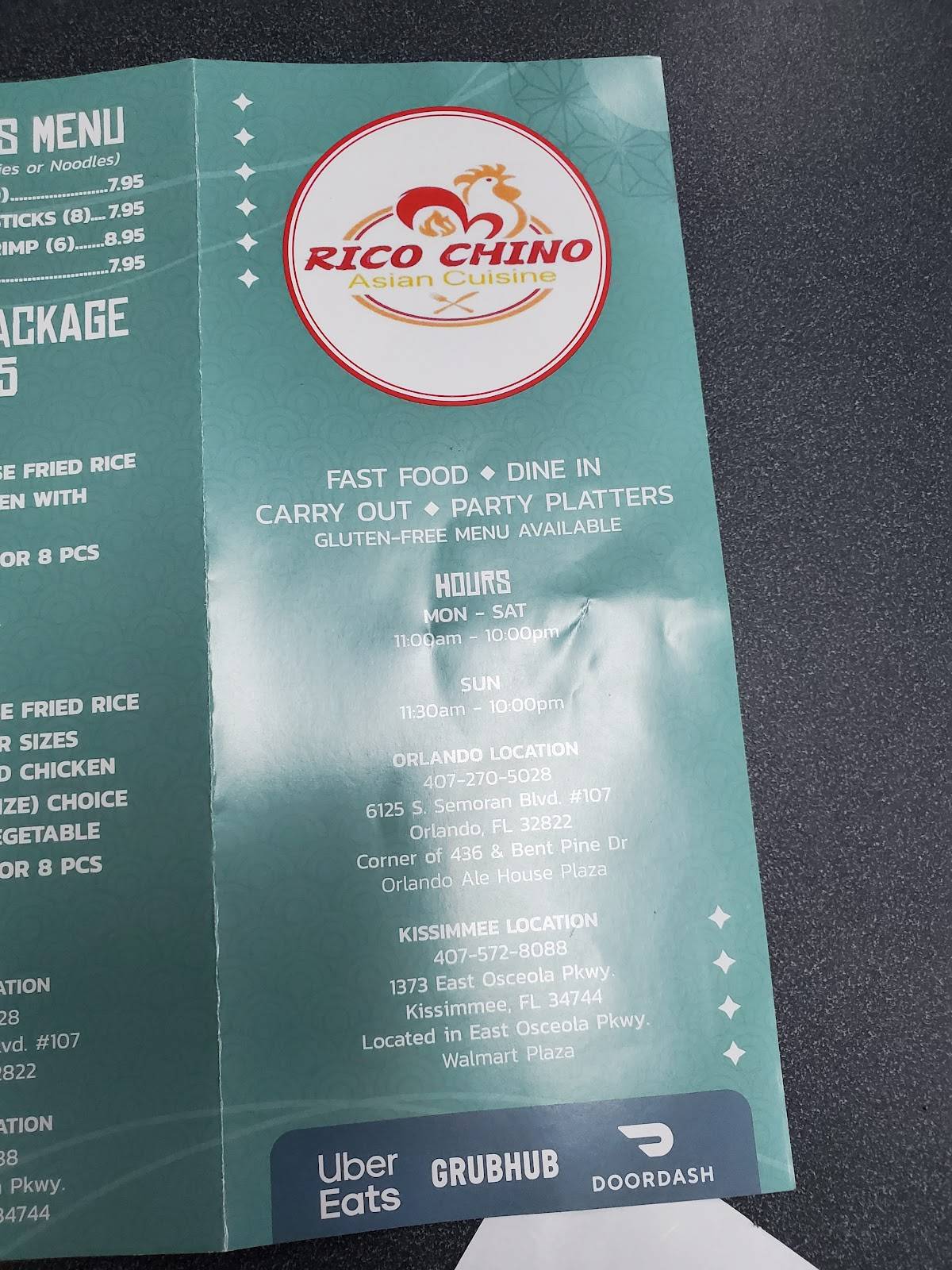 Menu at Rico Chino restaurant, Orlando, 6125 S Semoran Blvd
