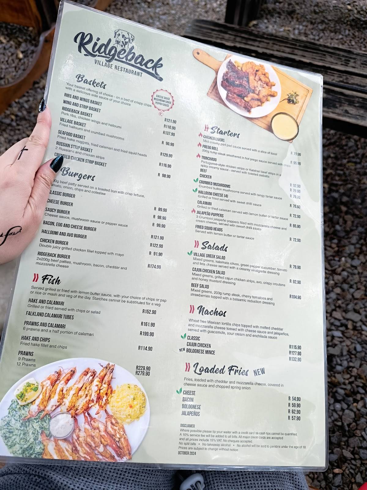 Menu at Ridgeback Village Restaurant, Pretoria, 129 South St