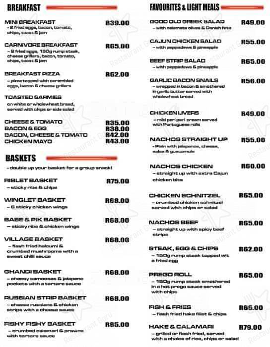 Menu at Ridgeback Village Restaurant, Pretoria, 129 South St