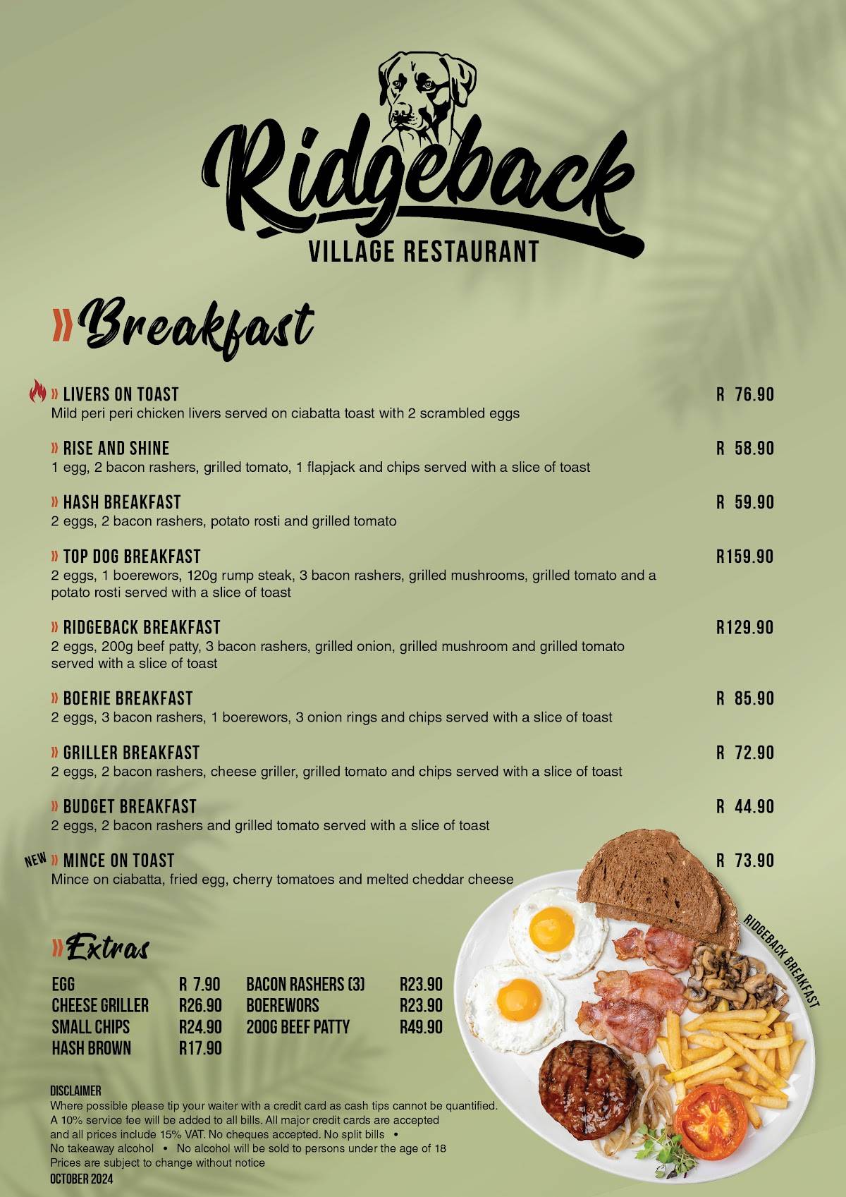 Menu at Ridgeback Village Restaurant, Pretoria, 129 South St