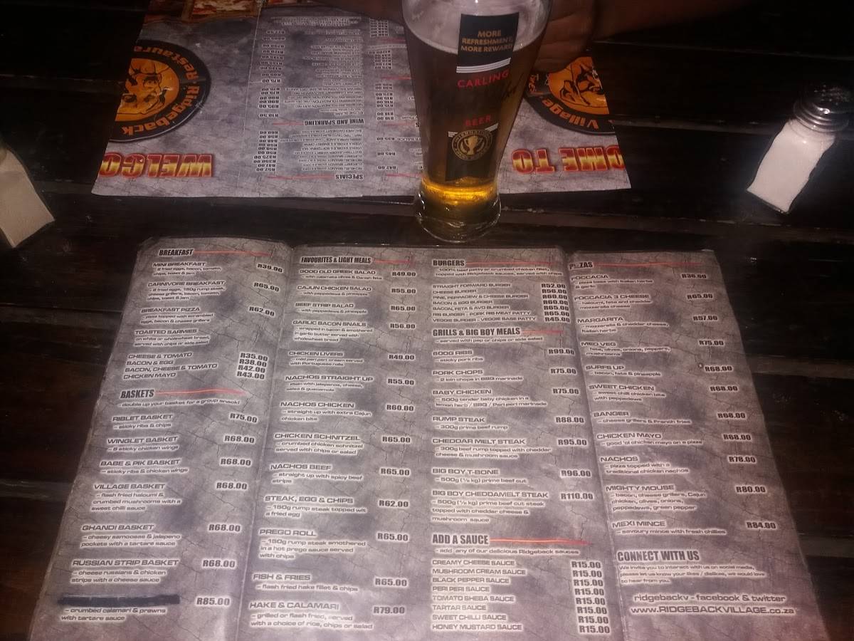 Menu at Ridgeback Village Restaurant, Pretoria, 129 South St