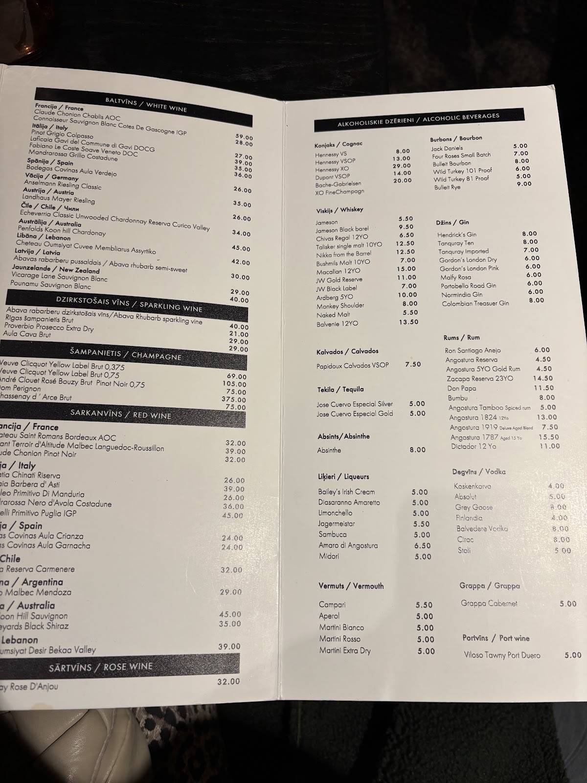 Menu at OGLE restaurant, Riga, Kaļķu iela 4