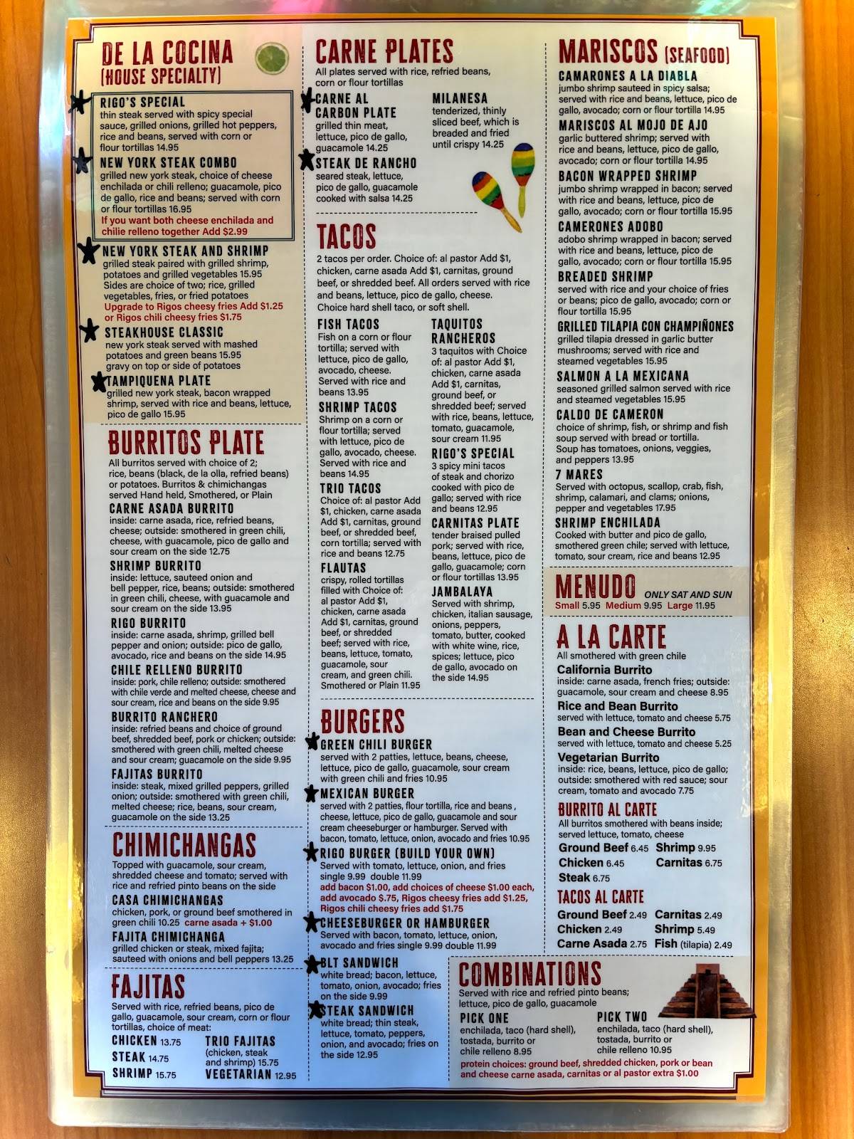 Menu at Rigo's Mexican Restaurant, Greeley
