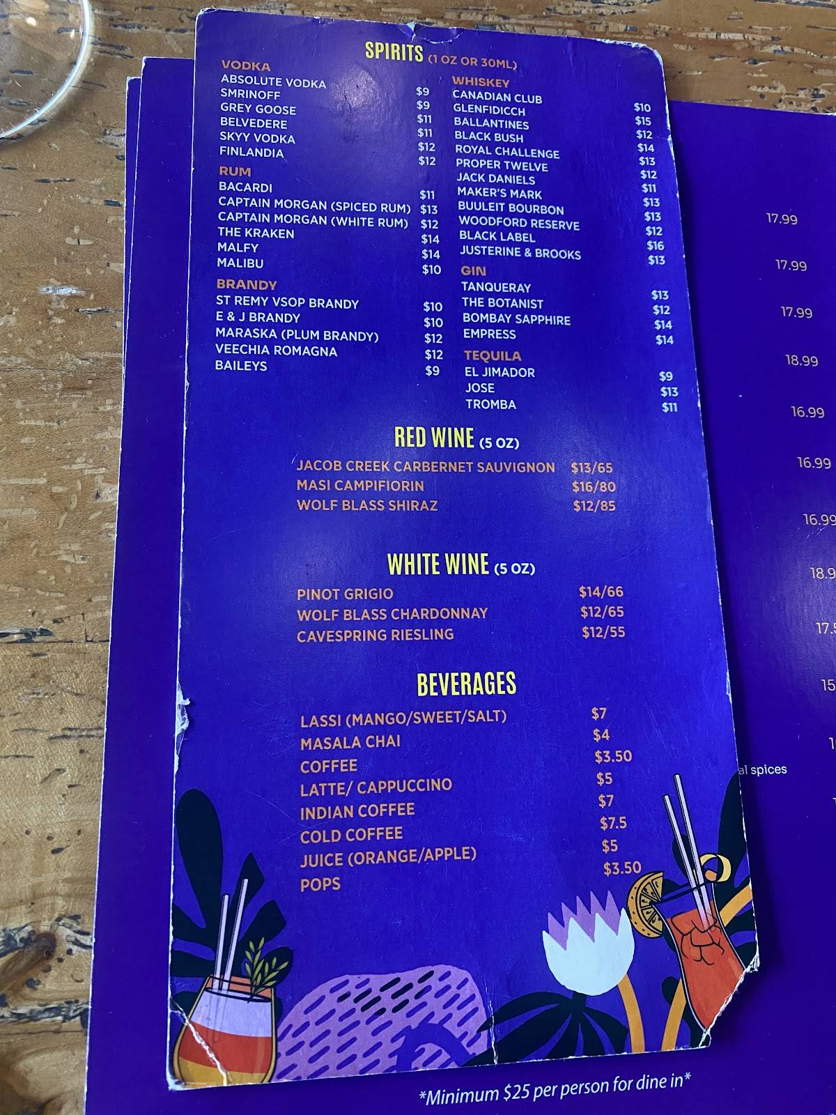 Menu at Rikki Tikki restaurant, Toronto