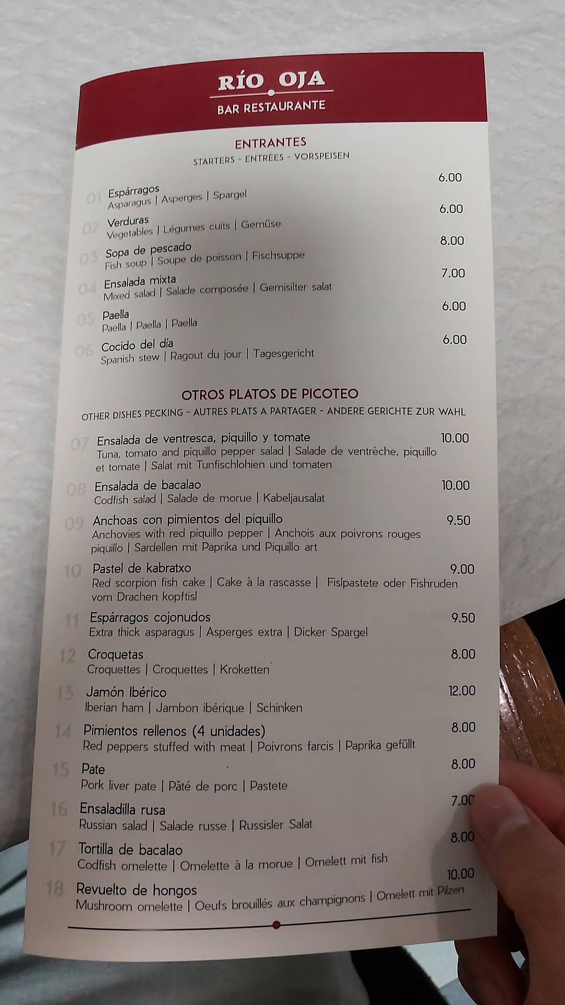 Menu at Rio-Oja Restaurant, Bilbao