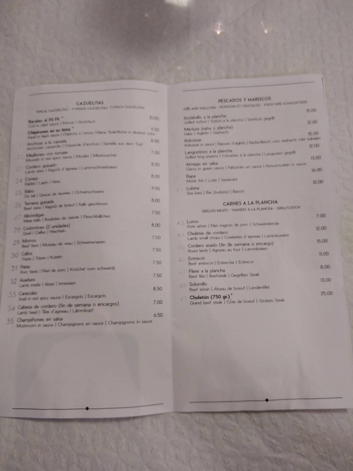 Menu at Rio-Oja Restaurant, Bilbao