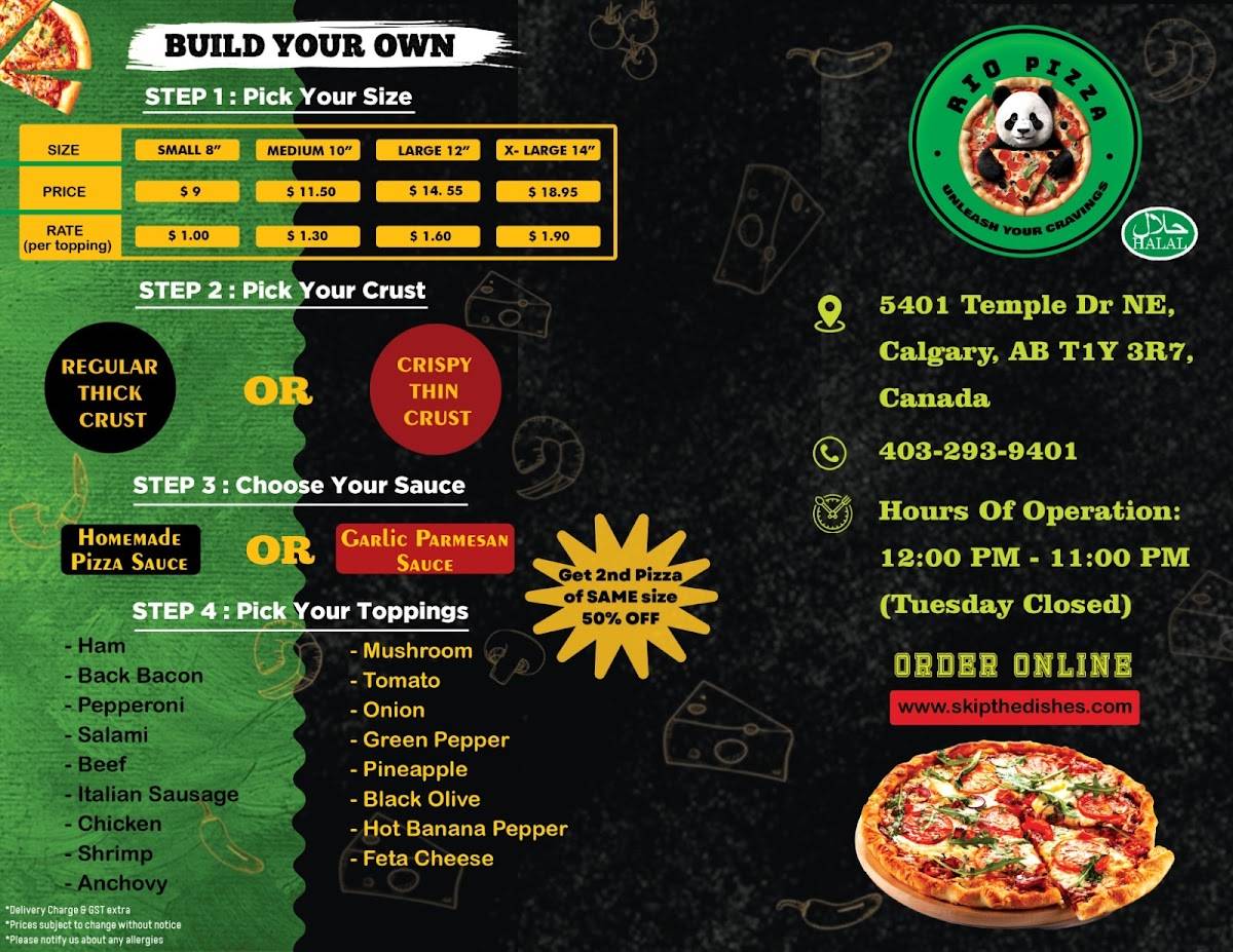 Menu at Rio Pizza Temple pizzeria, Calgary, Temple Dr NE #111