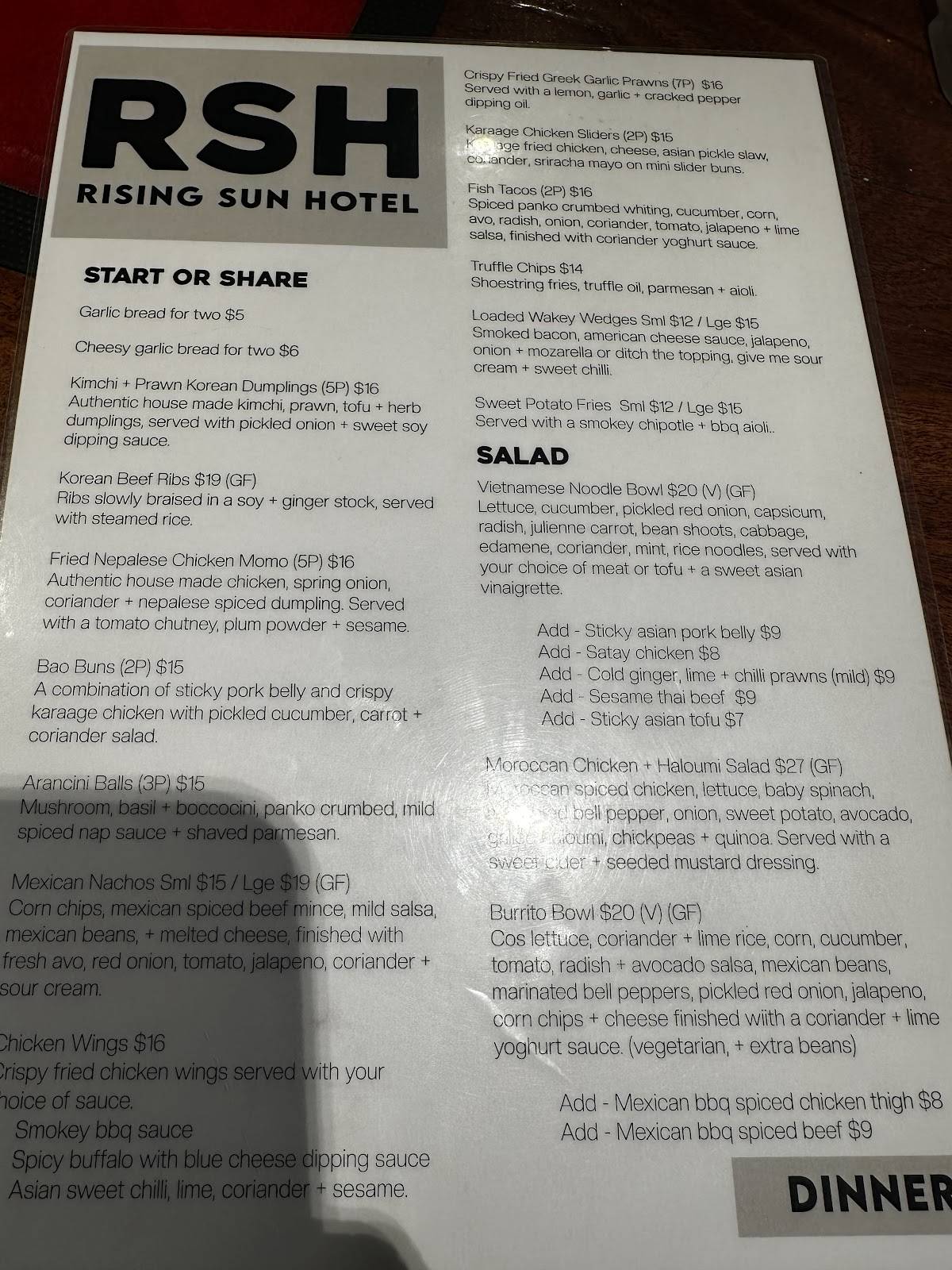 Menu at Rising Sun Hotel pub & bar, Port Wakefield