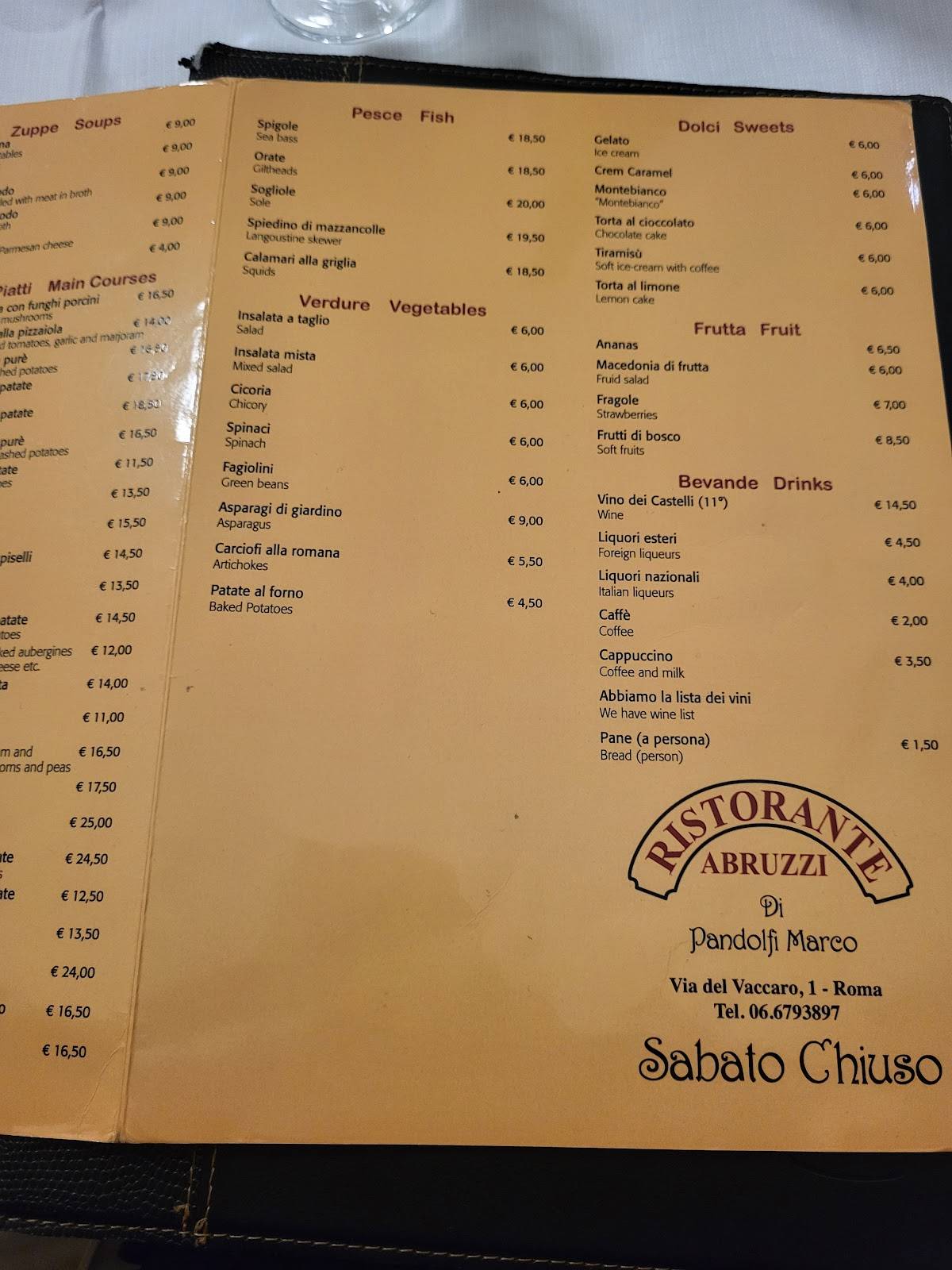 Menu at Ristorante Abruzzi, Rome