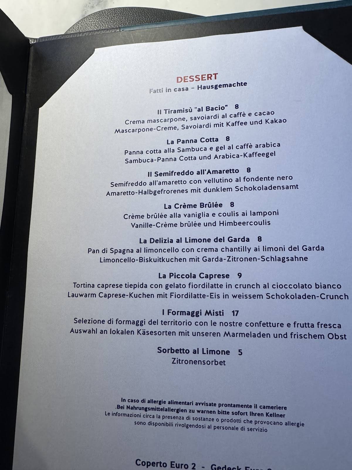 Menu at Ristorante Al Bacio, Malcesine