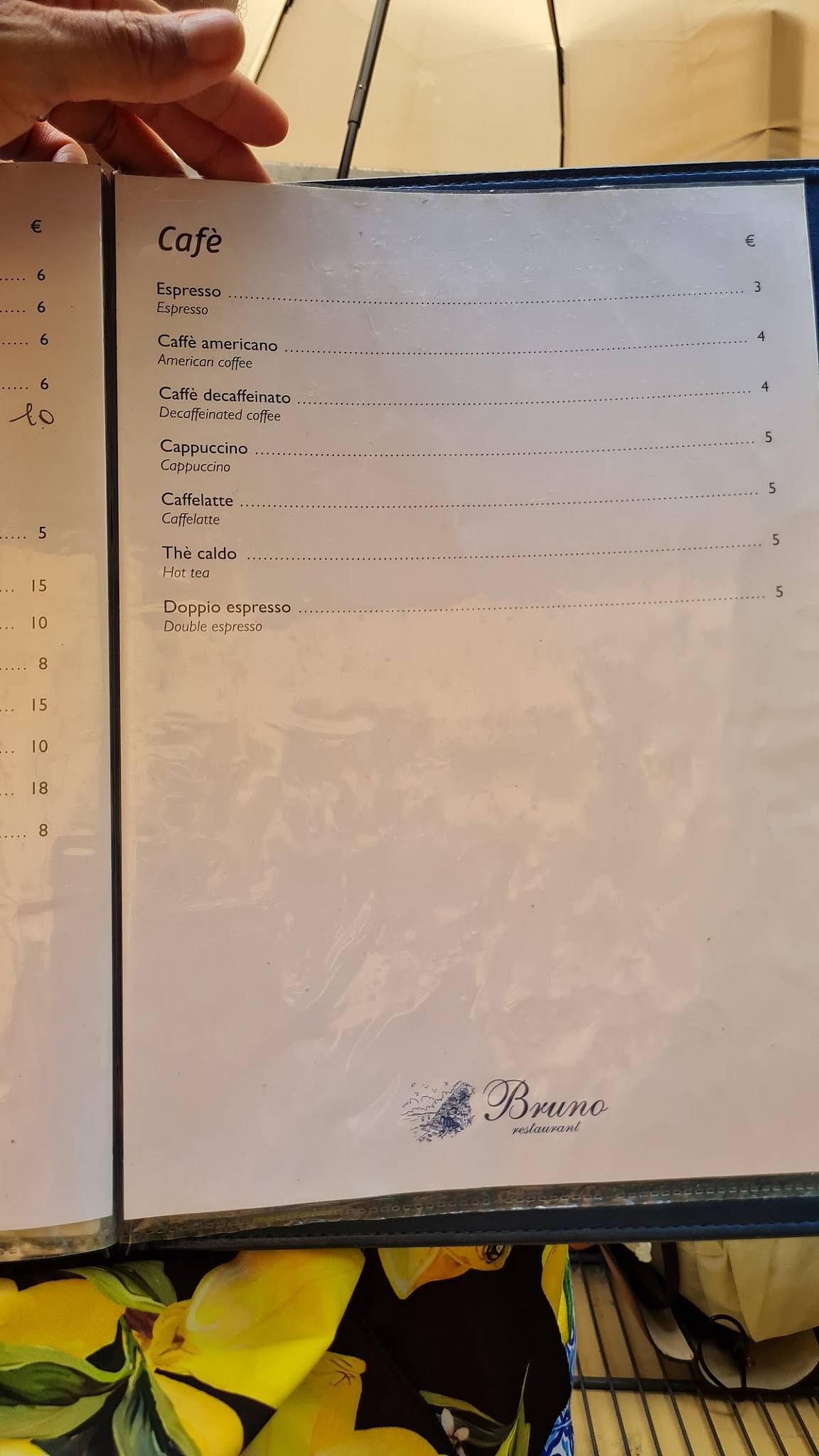 Menu at Ristorante Bruno, Positano