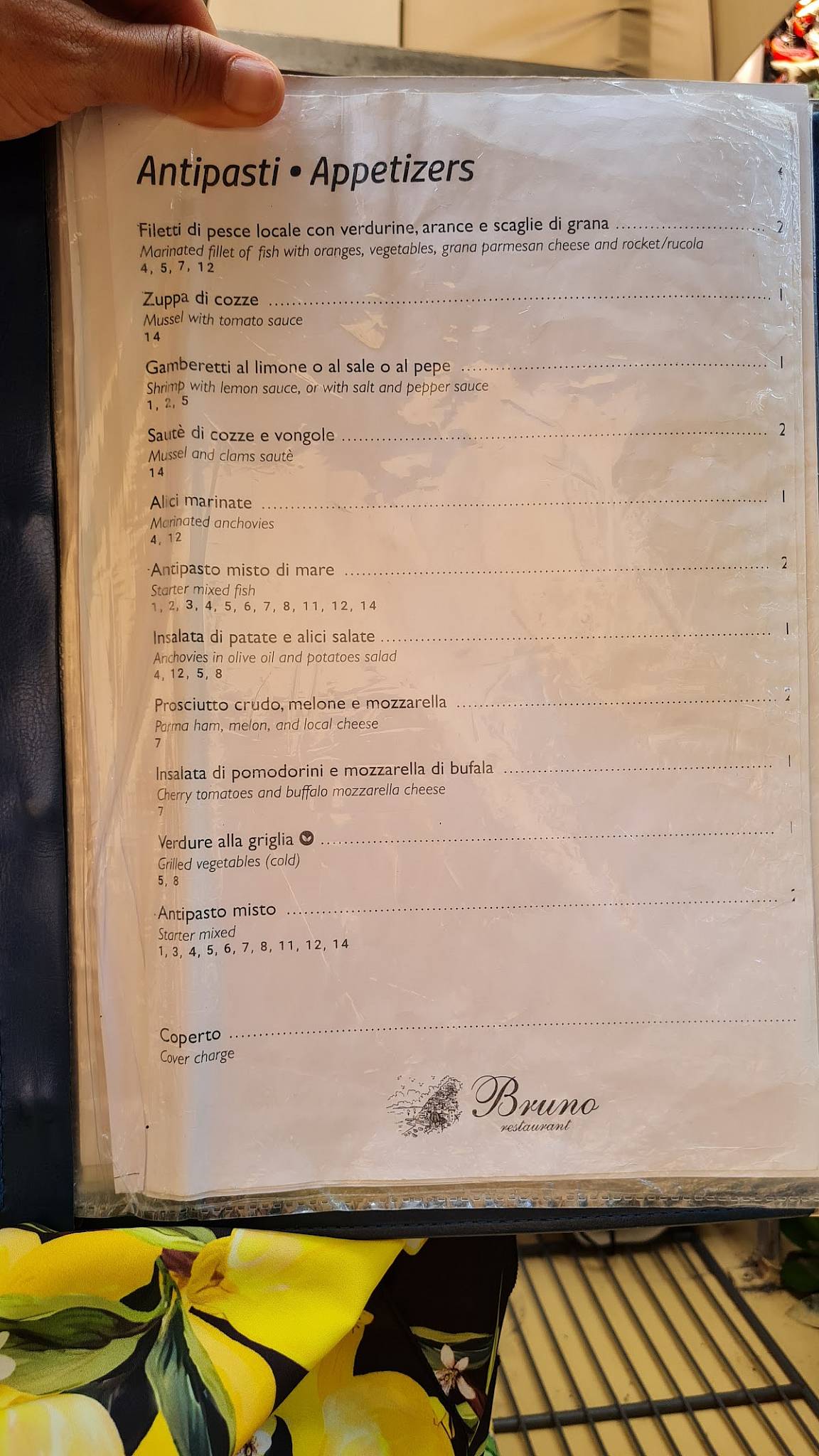 Menu at Ristorante Bruno, Positano
