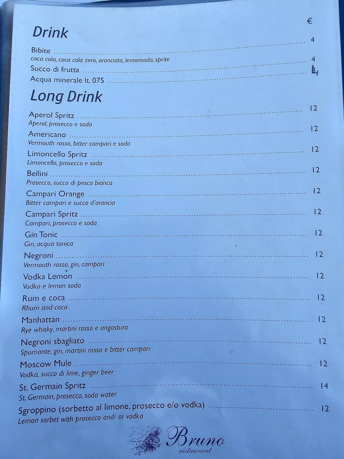 Menu at Ristorante Bruno, Positano