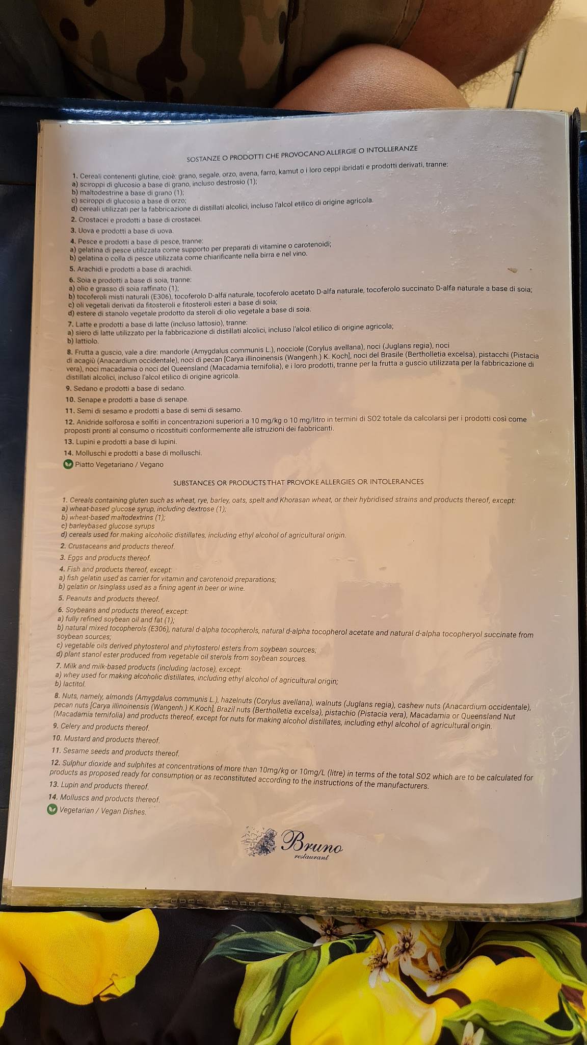 Menu da Ristorante Bruno, Positano