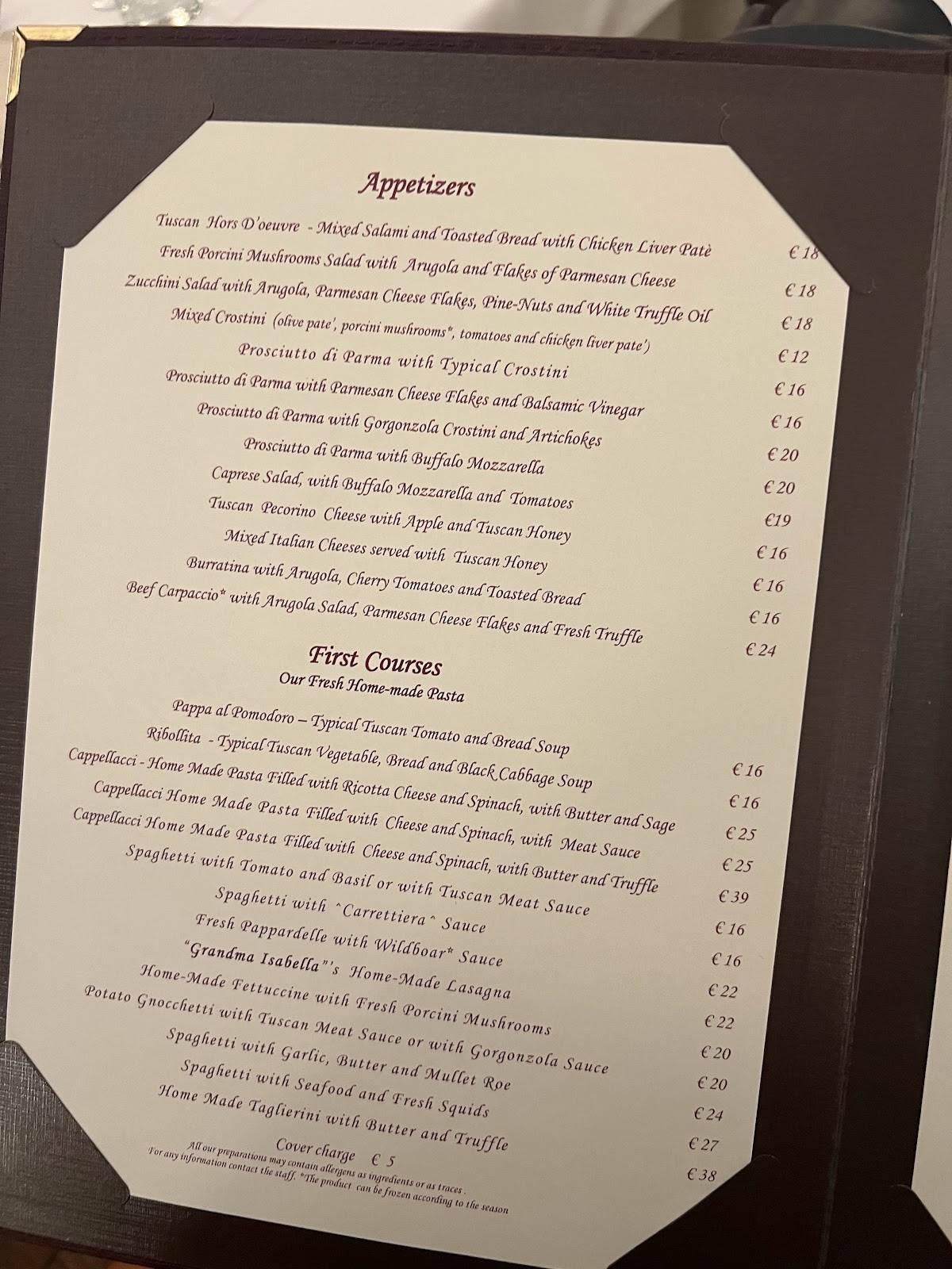 Menu da Ristorante Buca Mario, Firenze