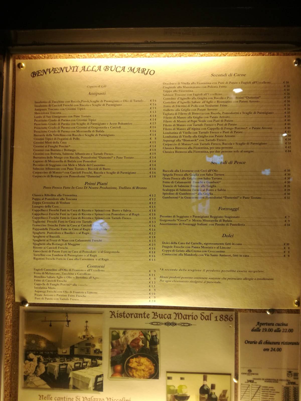 Menu da Ristorante Buca Mario, Firenze