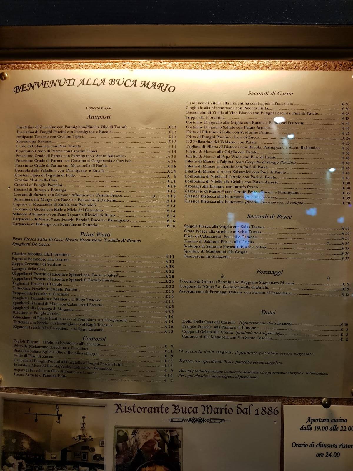 Menu at Ristorante Buca Mario, Florence