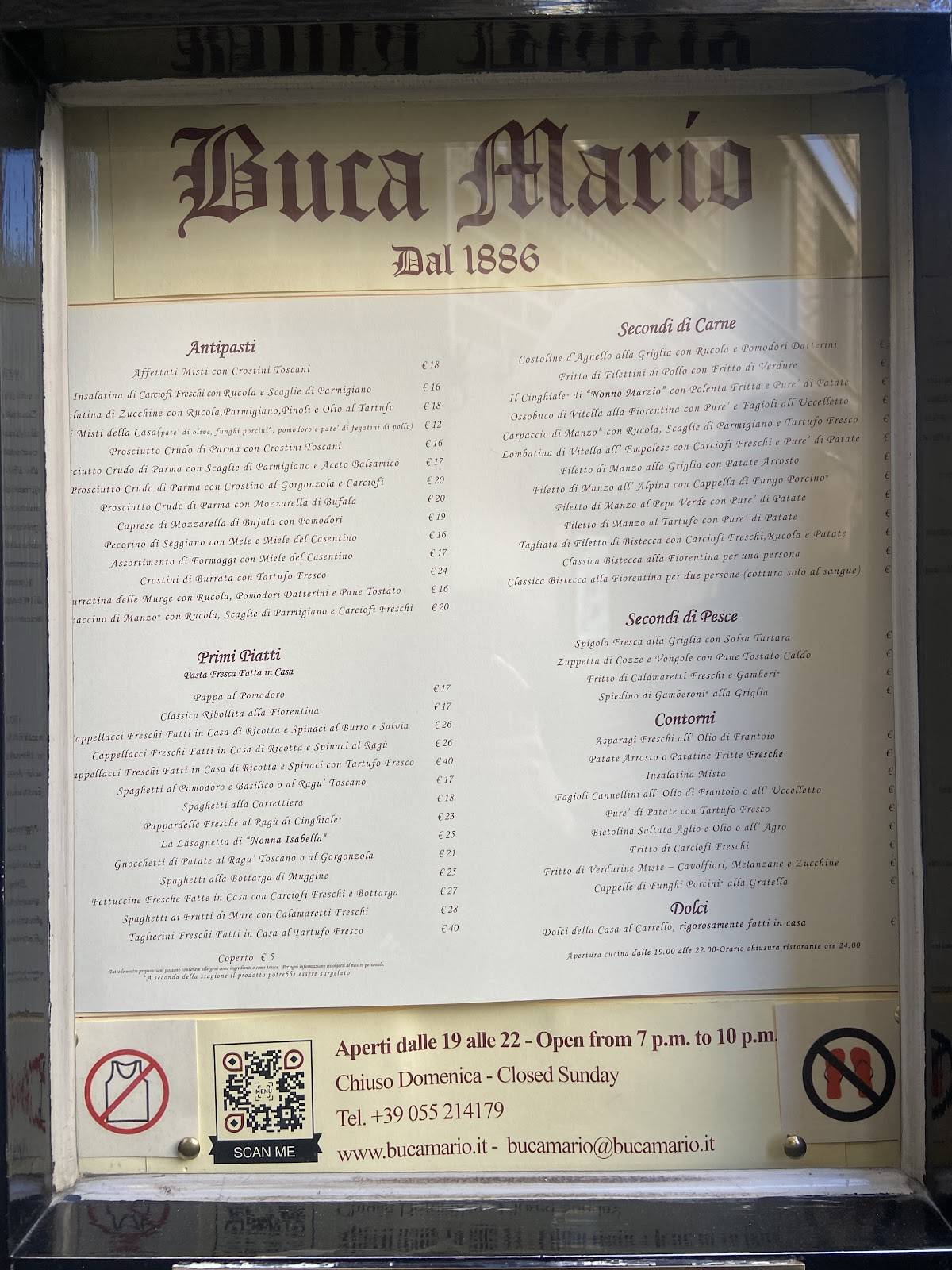 Menu au Ristorante Buca Mario, Florence