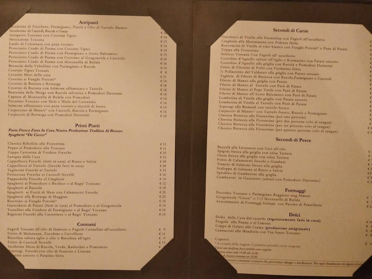 Menu da Ristorante Buca Mario, Firenze