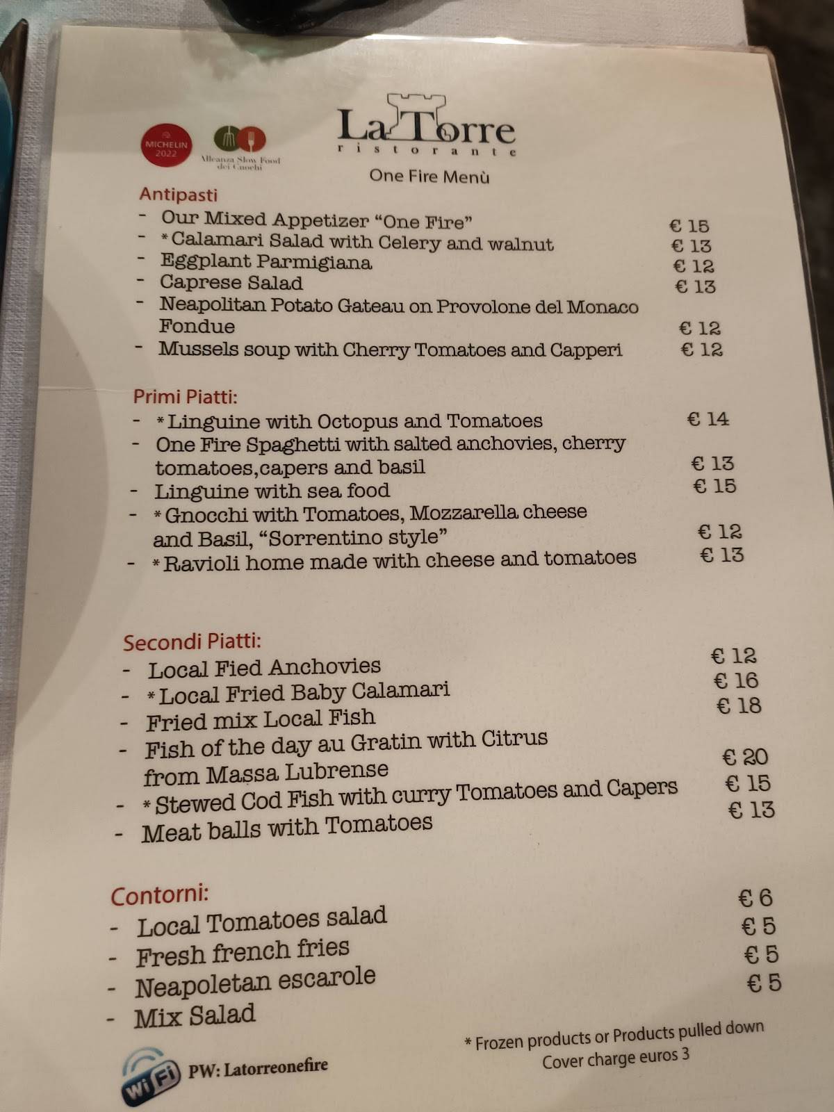 Menu at Ristorante La Torre One Fire, Massa Lubrense