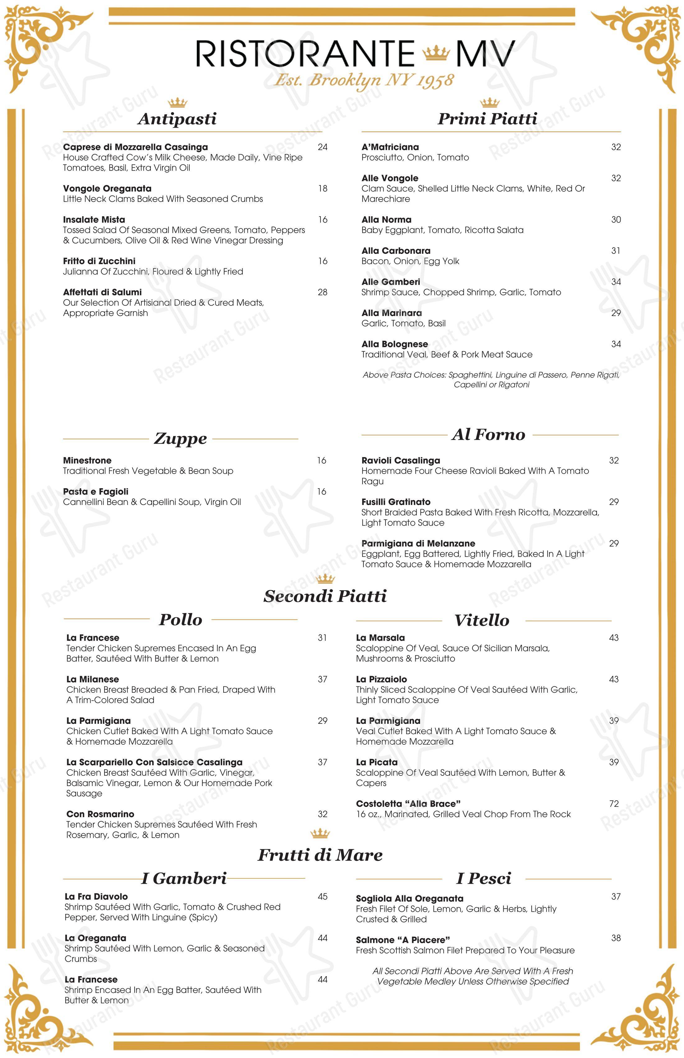 Menu at Ristorante MV restaurant, Bernardsville