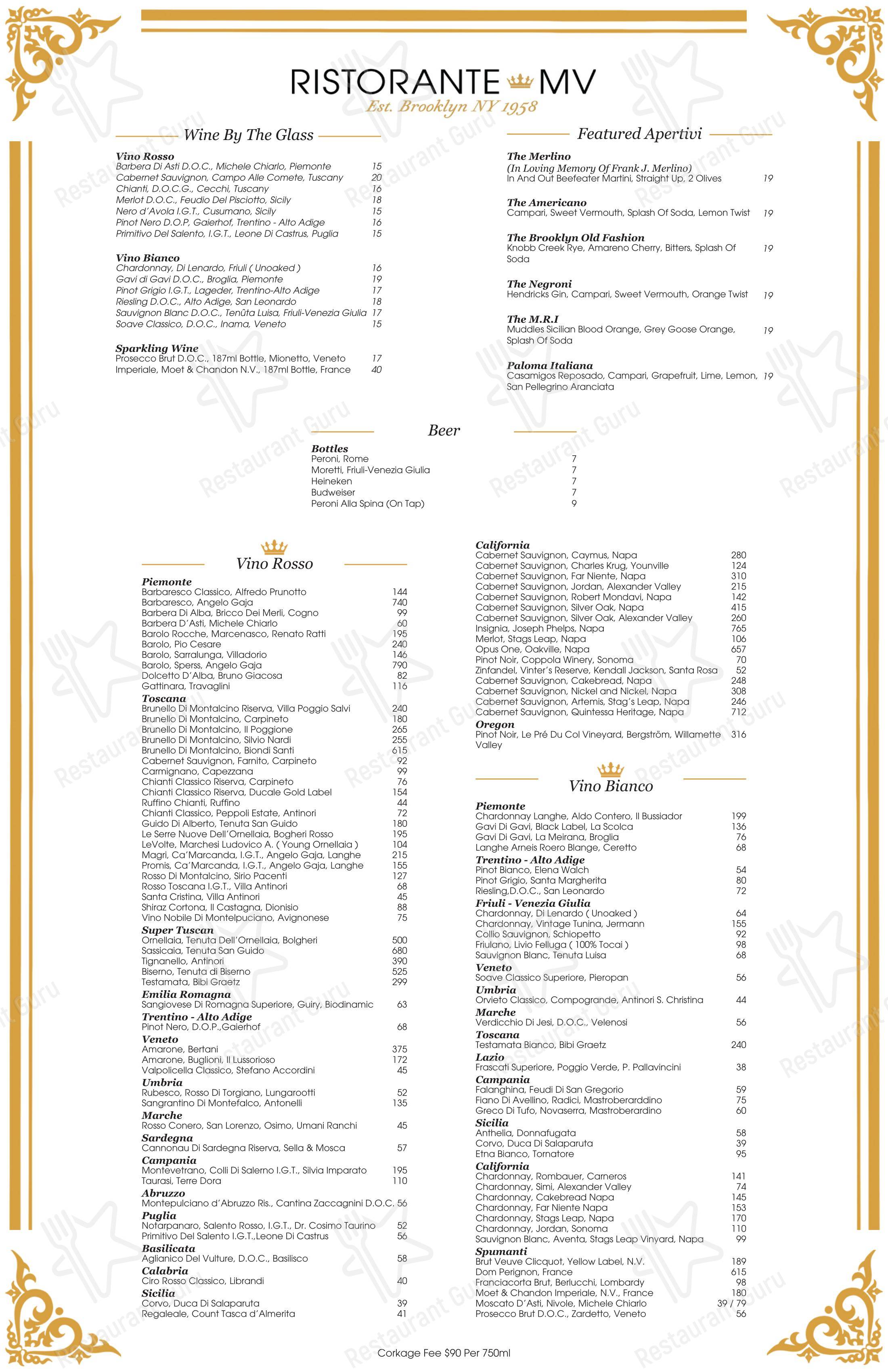 Menu at Ristorante MV restaurant, Bernardsville