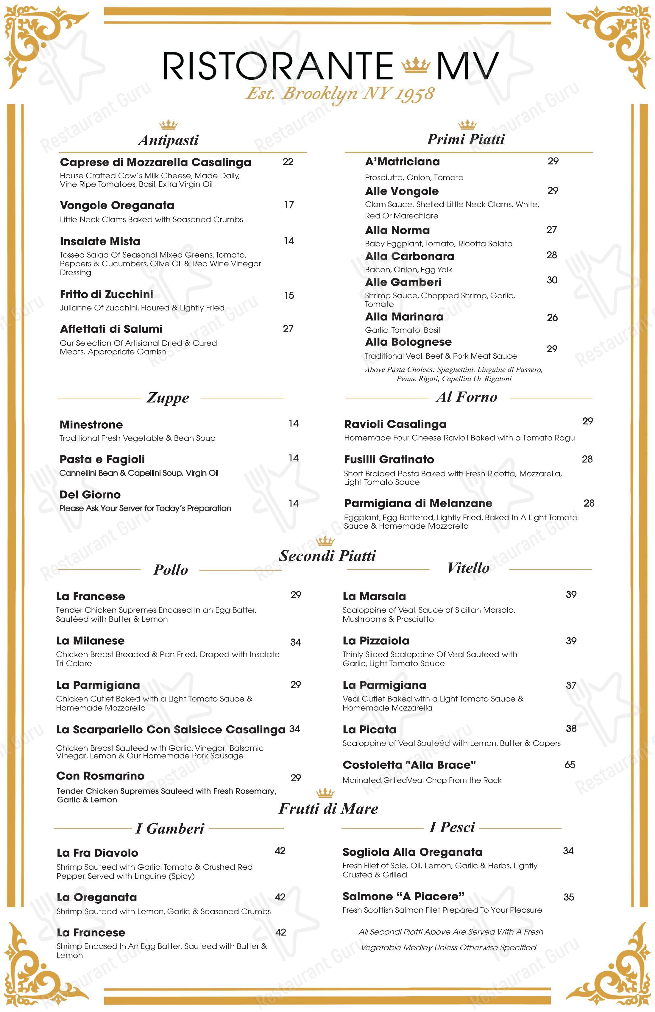 Menu at Ristorante MV restaurant, Bernardsville