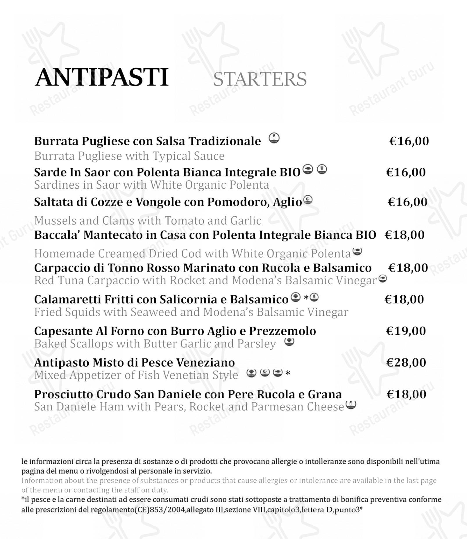 Menu da Oniga ristorante, Venezia