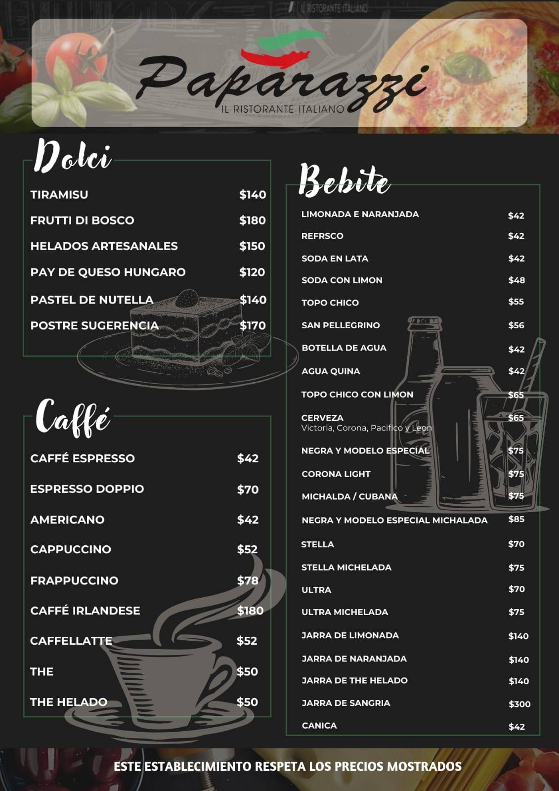 Carta del restaurante Ristorante Paparazzi, Cuernavaca, Río Balsas 13