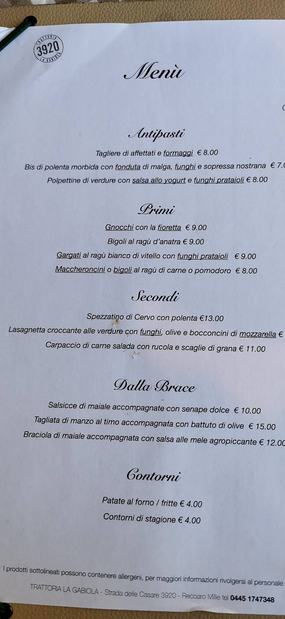 Menu at Ristorante Trattoria La Gabiola, Recoaro Terme