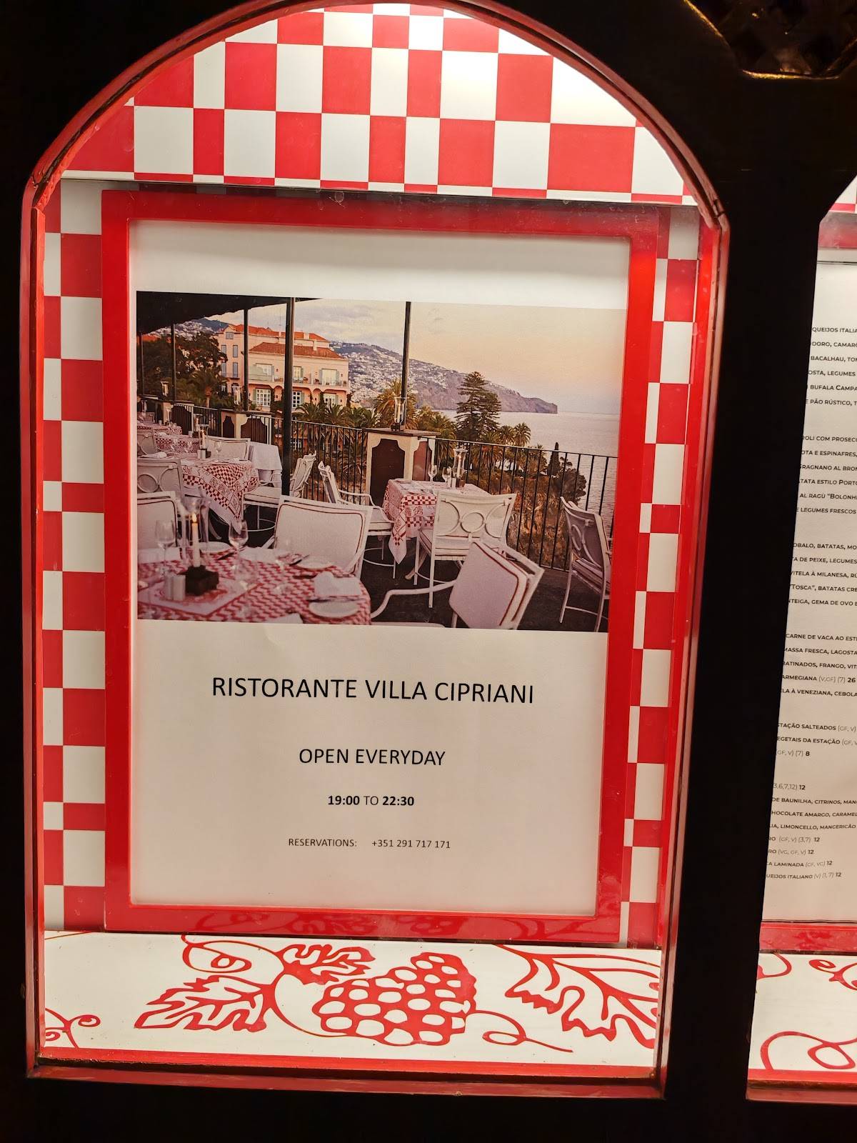 Menu at Ristorante Villa Cipriani restaurant, Funchal