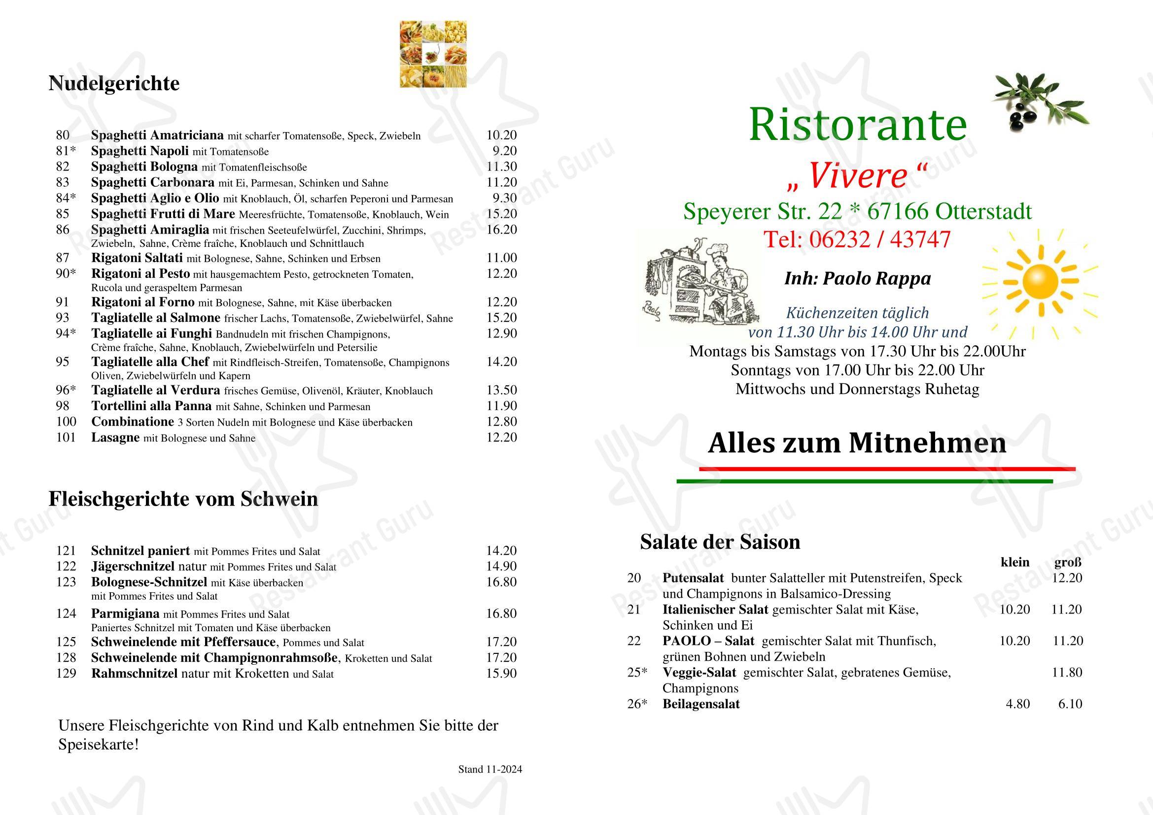 Speisekarte von Ristorante Vivere restaurant, Otterstadt