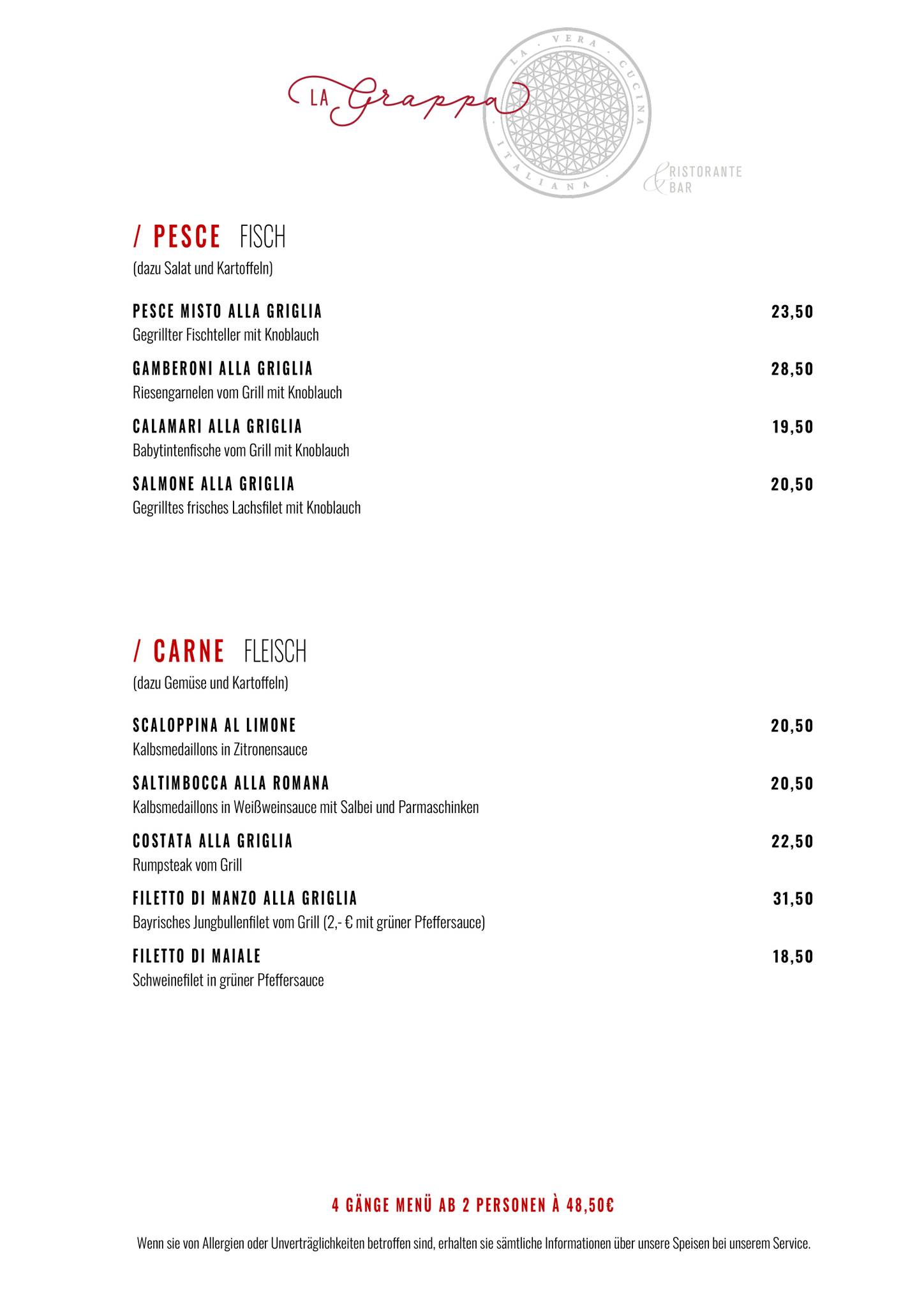 Speisekarte von Ristorante & Bar La Grappa, Rosenheim