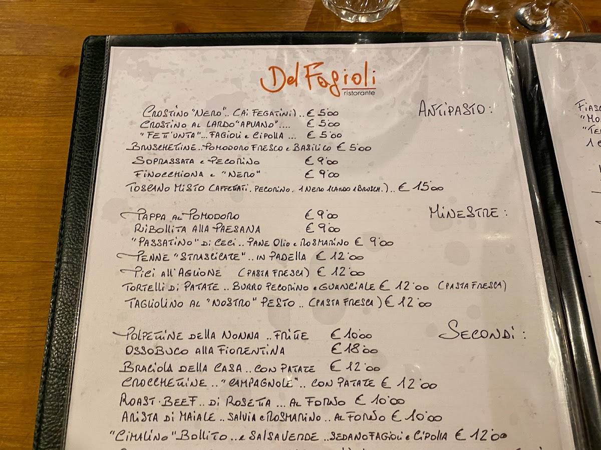 Menu at Ristorante del Fagioli, Florence, Corso dei Tintori