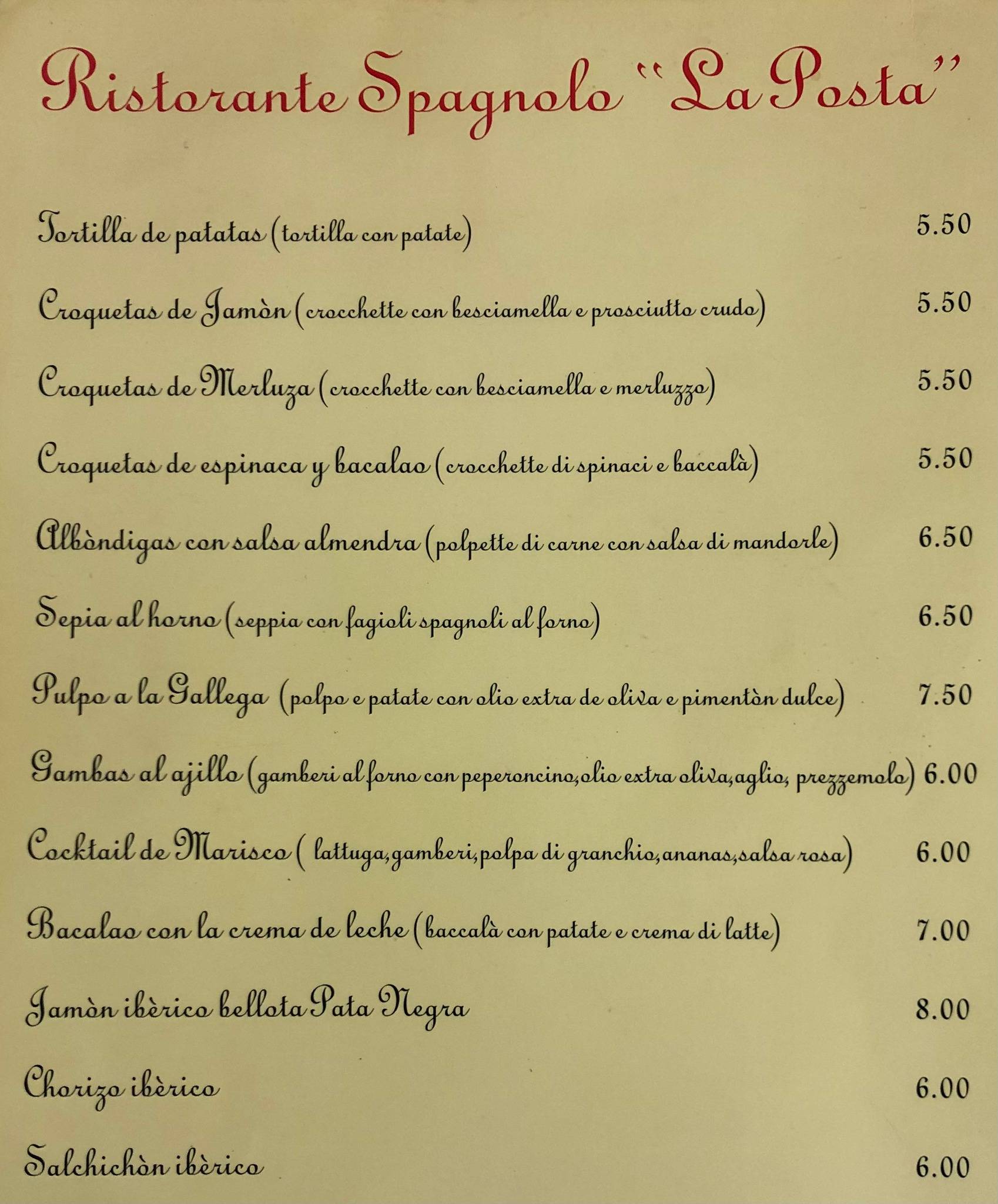 Speisekarte von Ristorante spagnolo La Posta, Poggibonsi