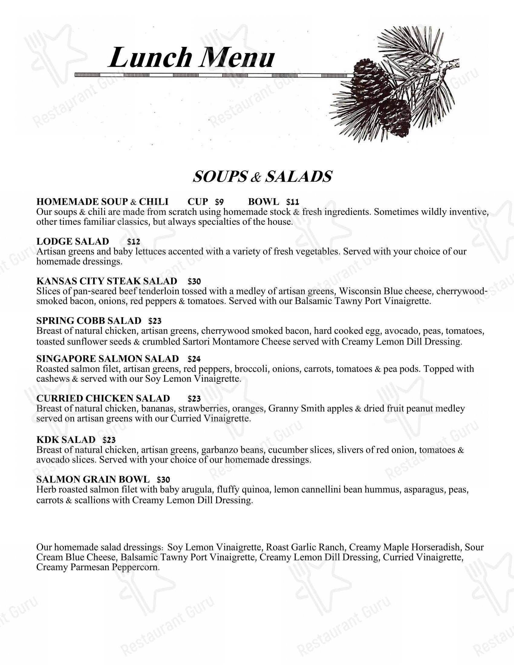 Menu at River Wildlife Lodge restaurant, Kohler