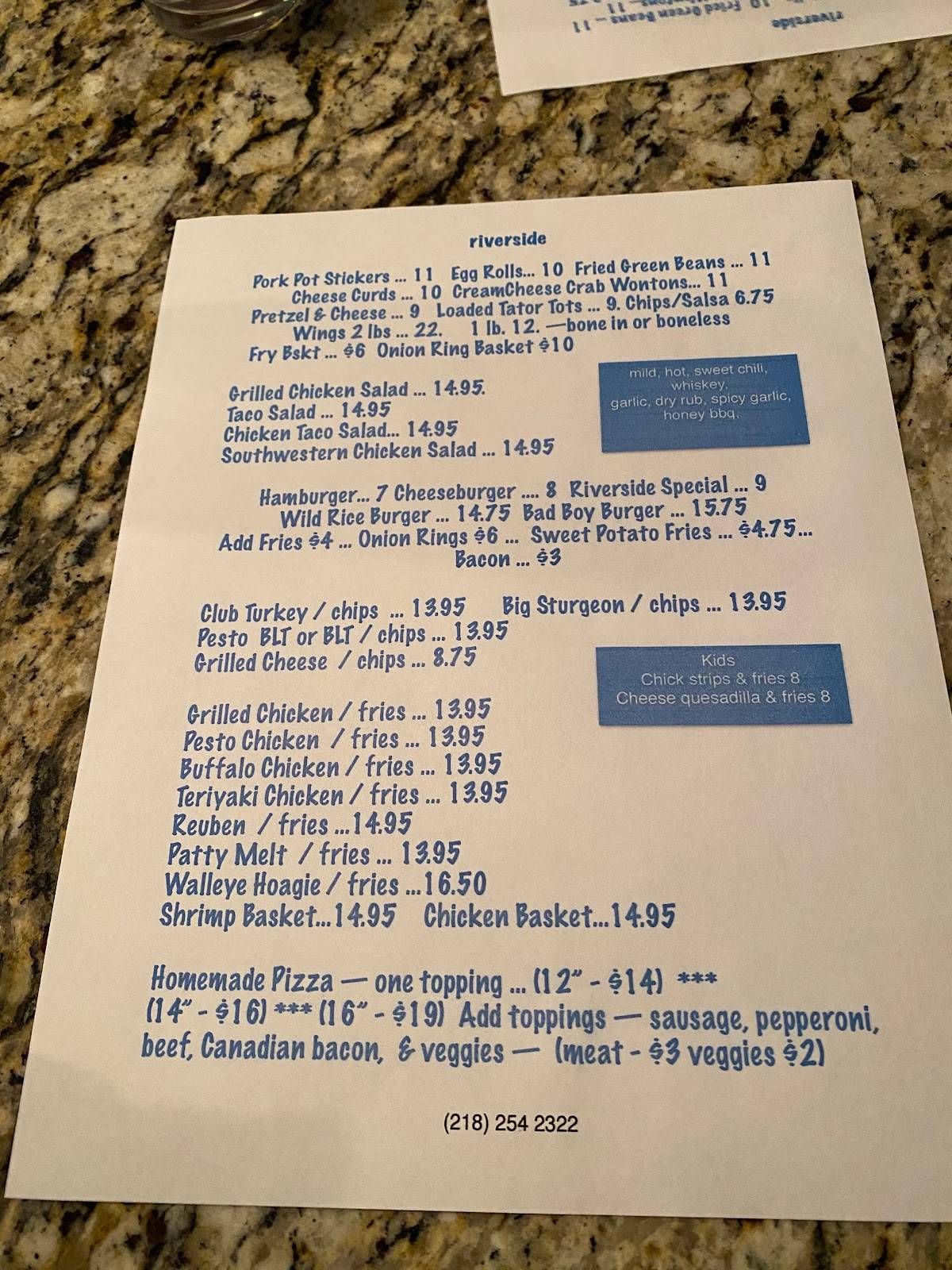 Menu at Riverside Inn restaurant, Side Lake
