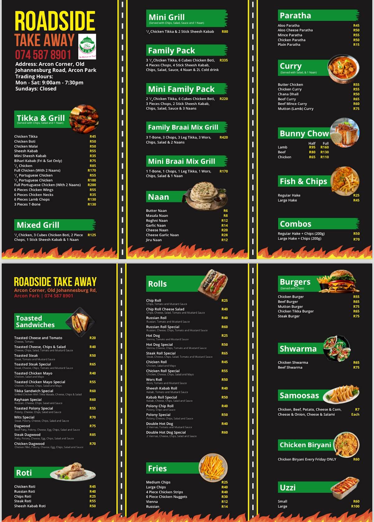 Menu at Roadside Take Away, Vereeniging
