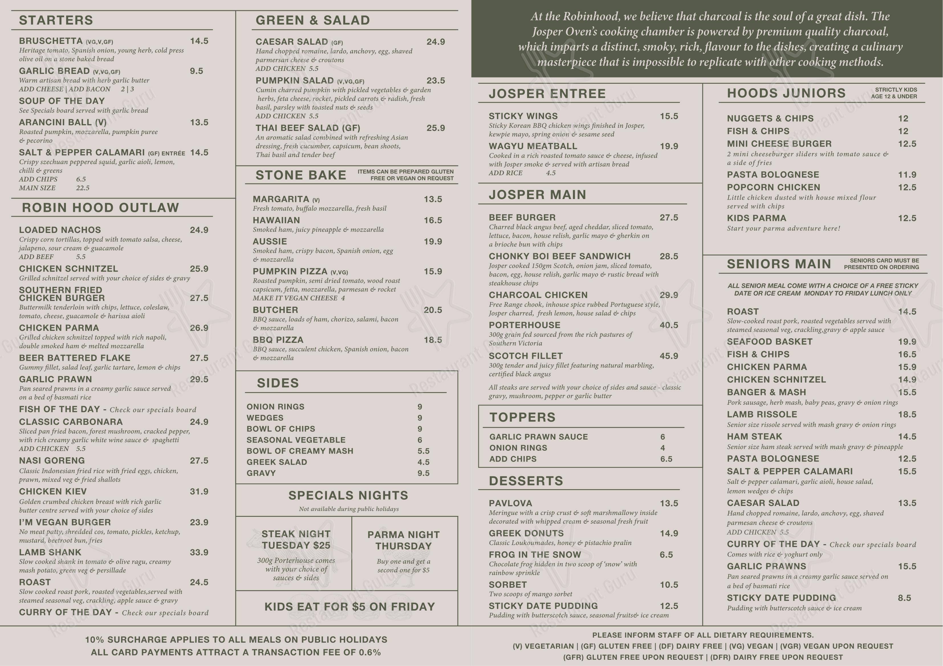 Menu at Robin Hood Hotel pub & bar, Ballarat Central